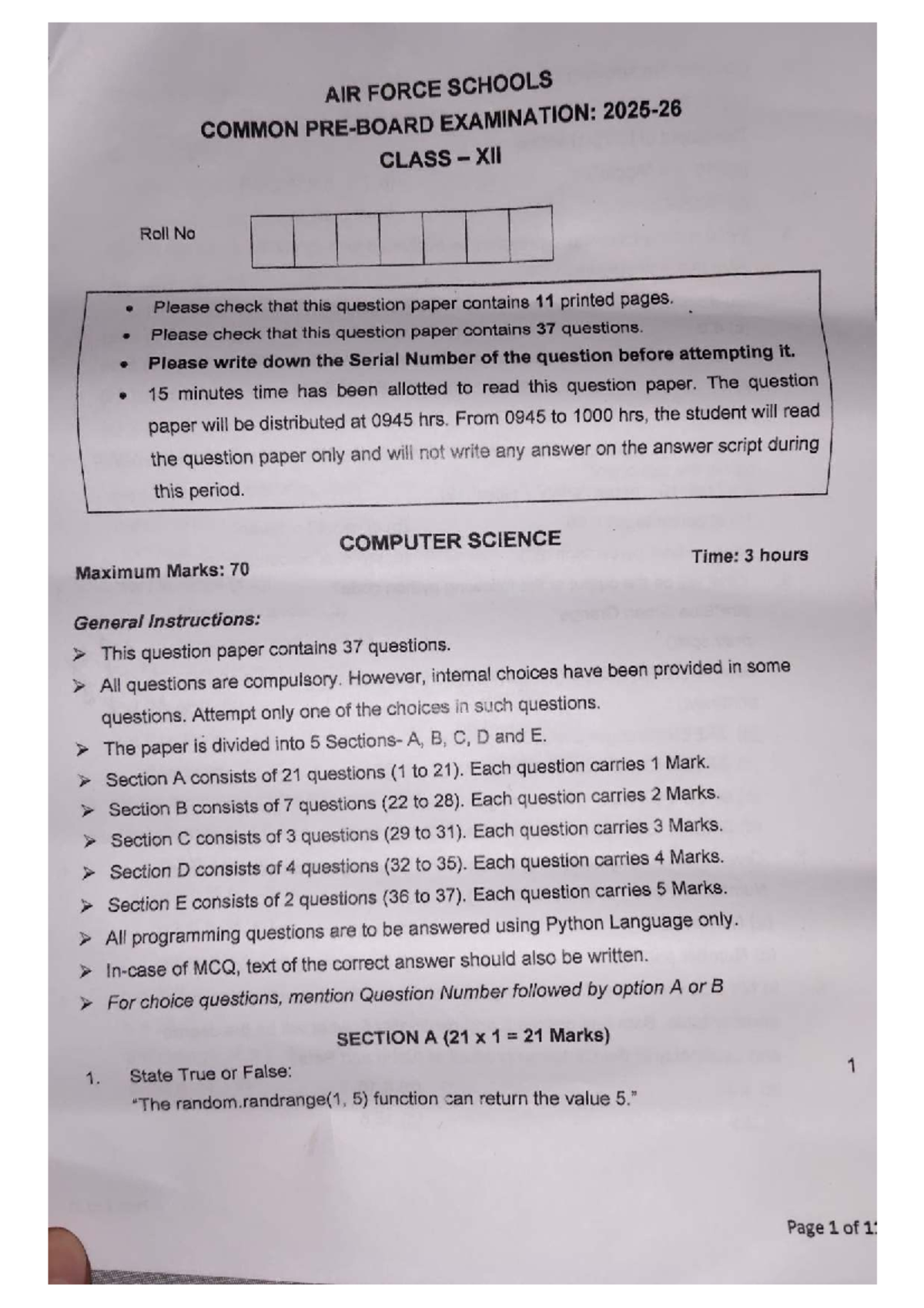 Computer Science Common Preboard Exam: Class XII (2025-26) - Studocu