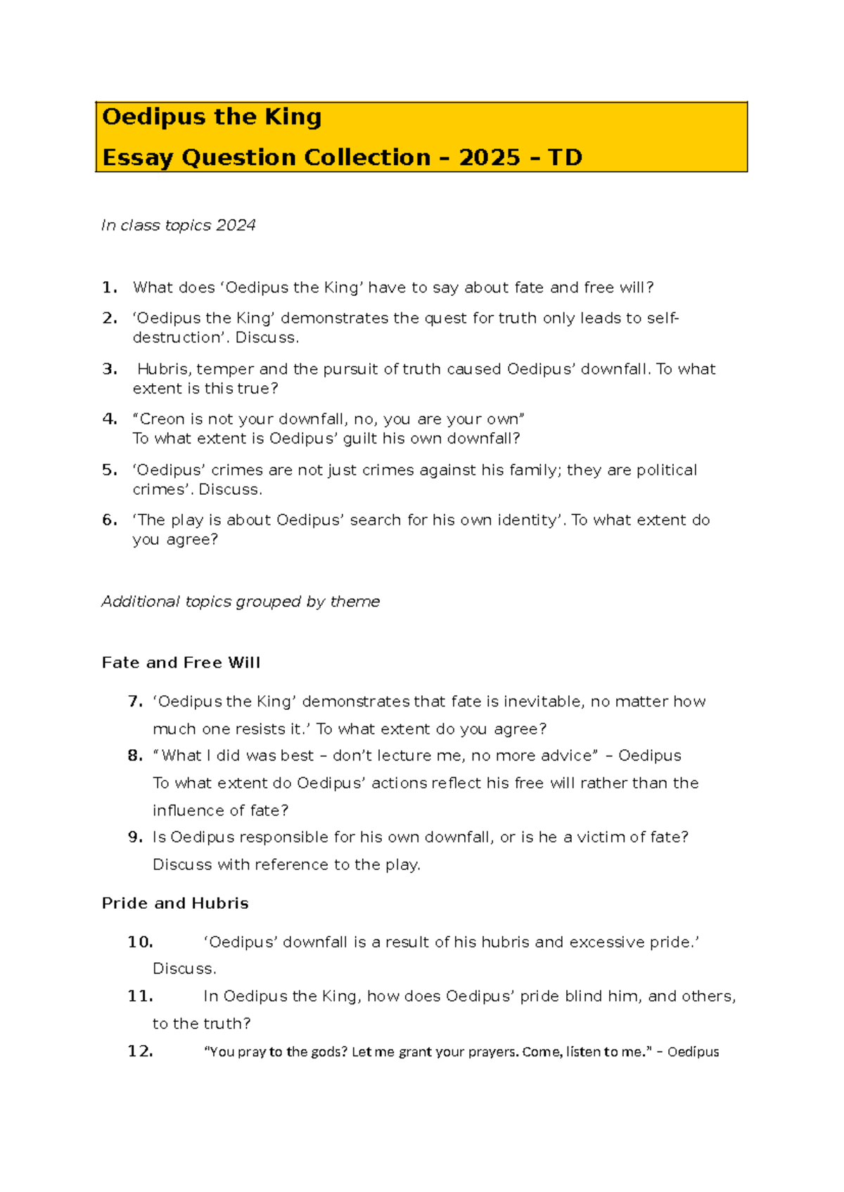 Oedipus the King Essay Questions Collection 2025 TD - Studocu