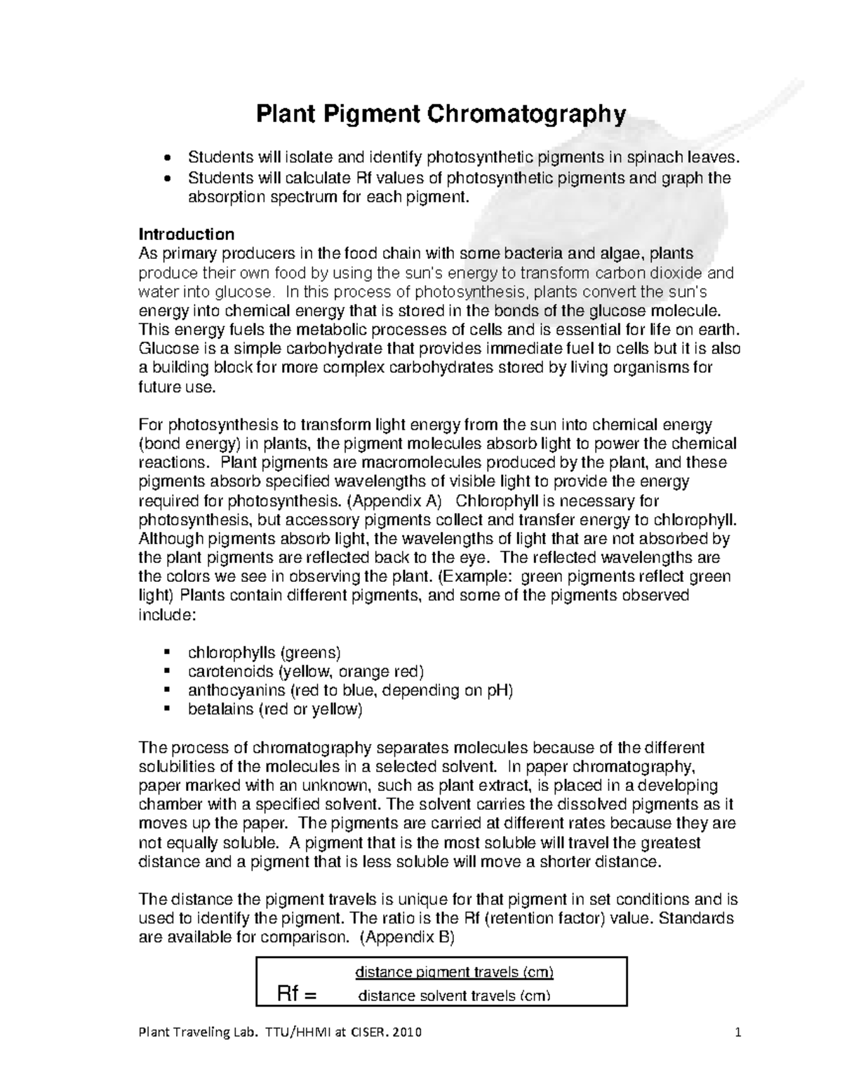 Plant Pigment Chromatography Lab: Isolating Photosynthetic Pigments ...