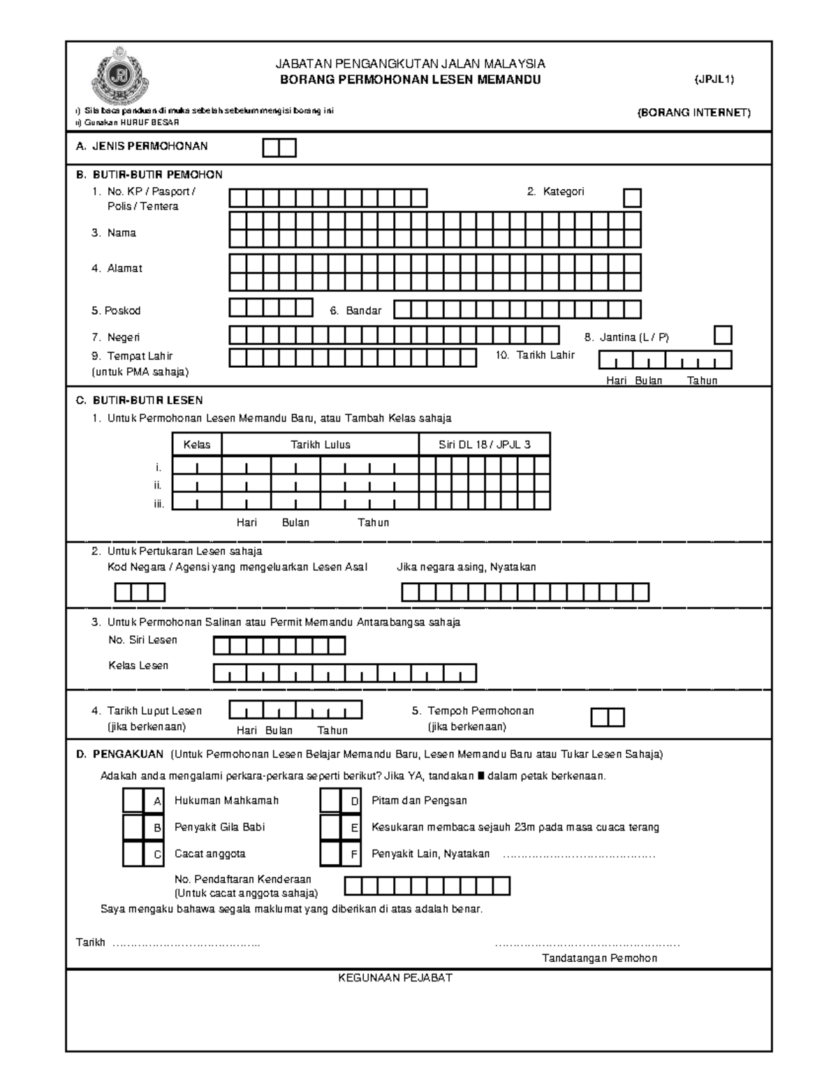 Borang Permohonan Lesen Memandu JPJ L1 - Panduan Pengisian dan Butiran - Studocu