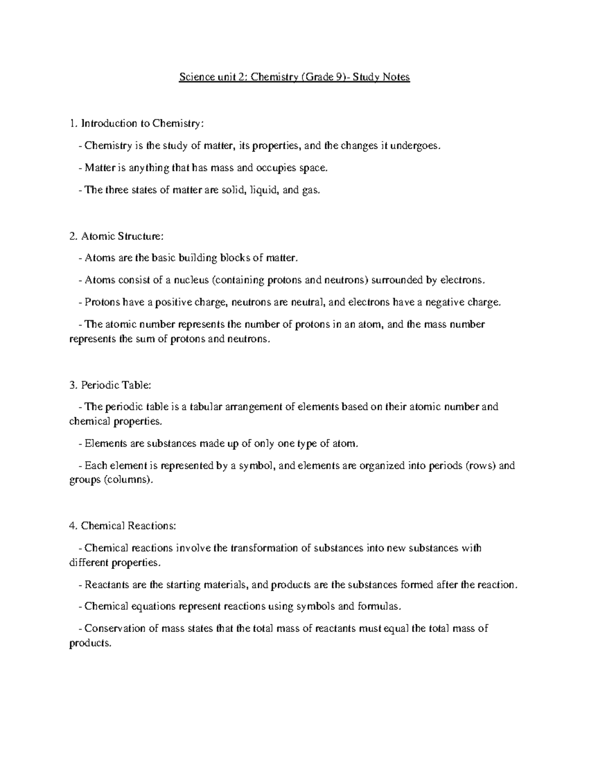 Grade 9 Chemistry Study Notes: Key Concepts & Terms - Studocu
