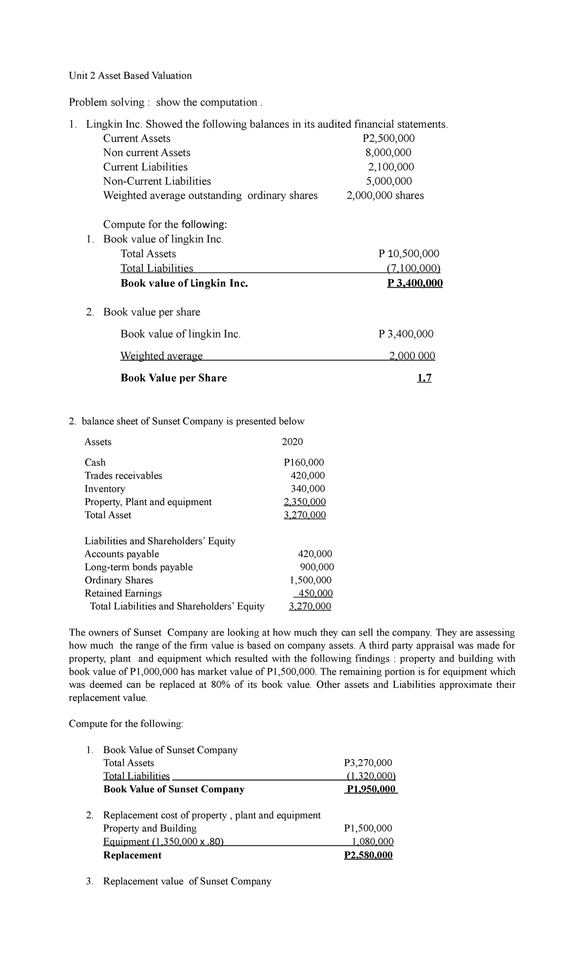 Unit 2 Valuation Activity: Asset Based Valuation Computations - Studocu