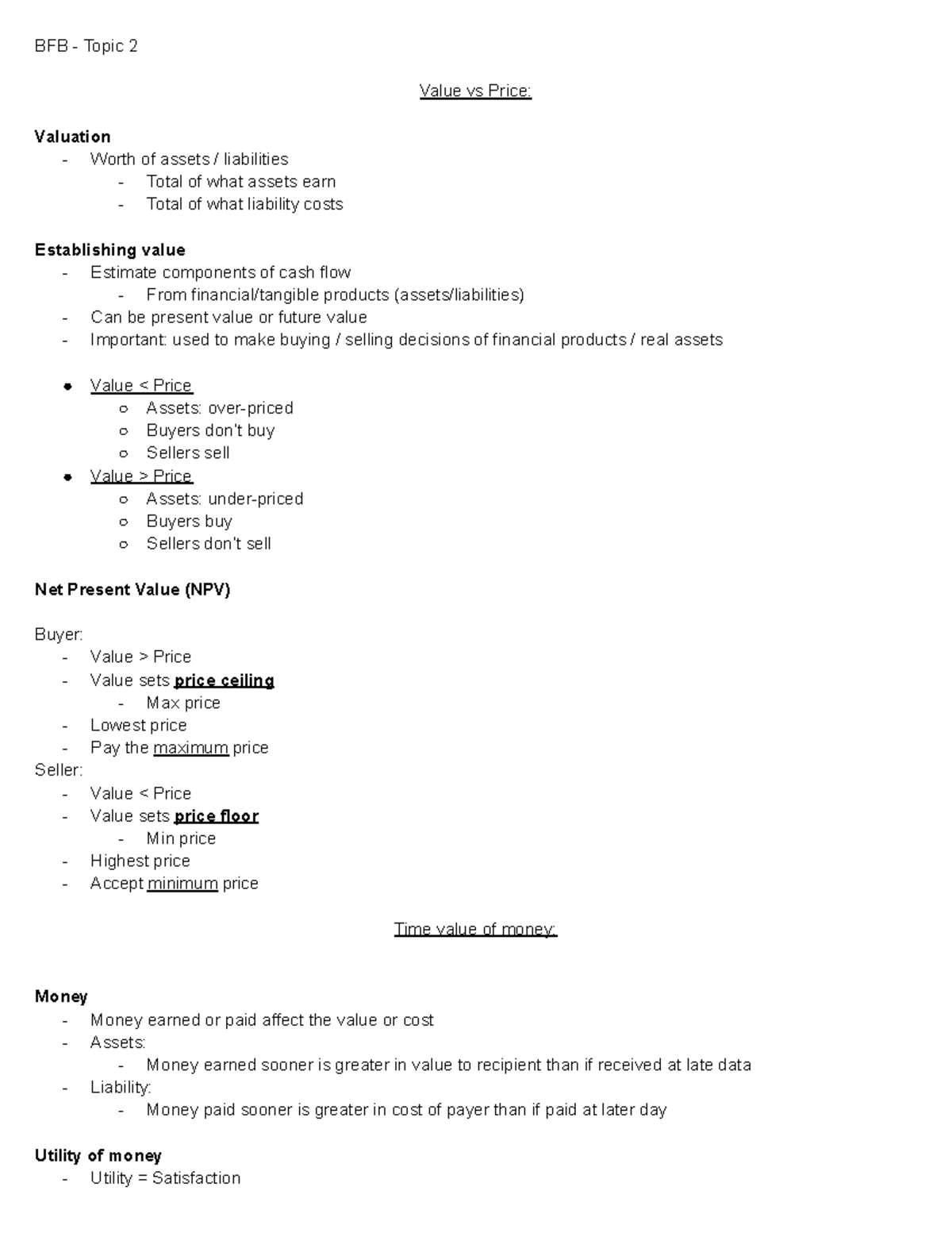 BFB - Topic 2: Value vs Price in Asset Valuation and Cash Flow - Studocu