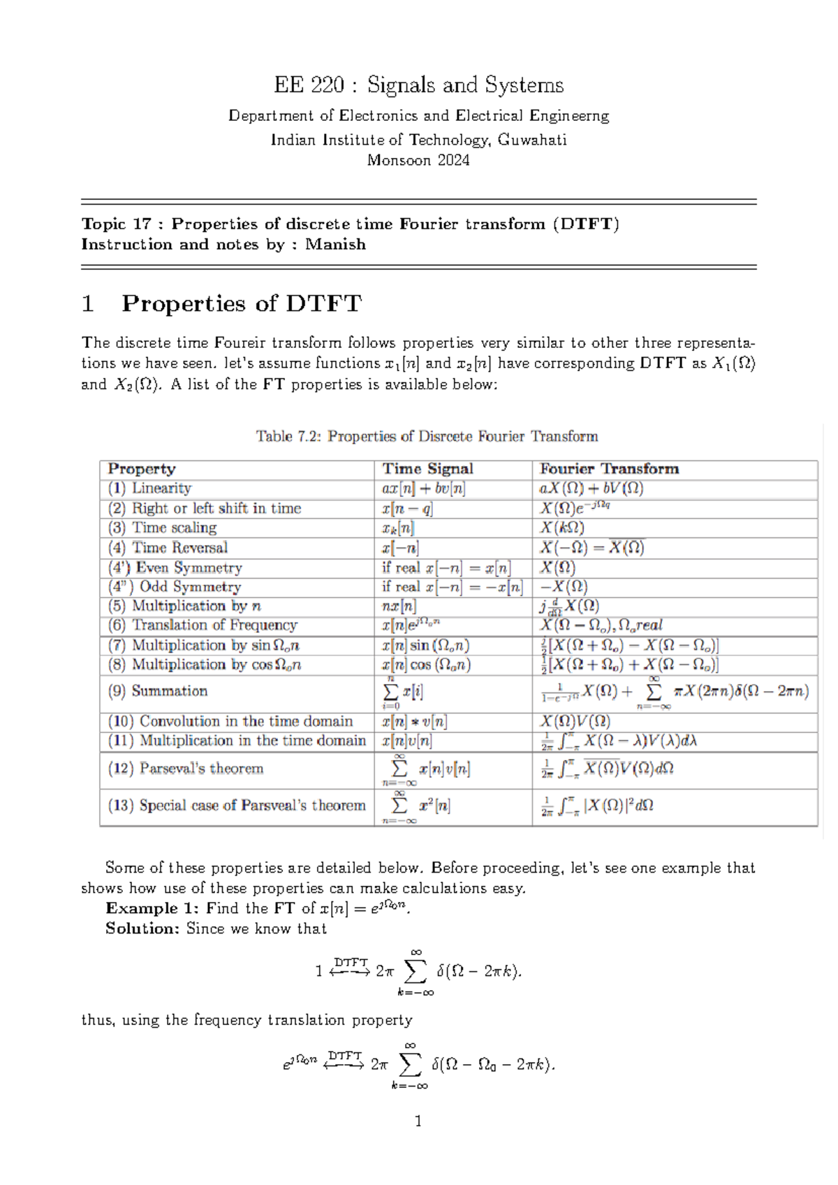 EE 220 Final Exam Notes: Properties of Discrete Time Fourier Transform ...