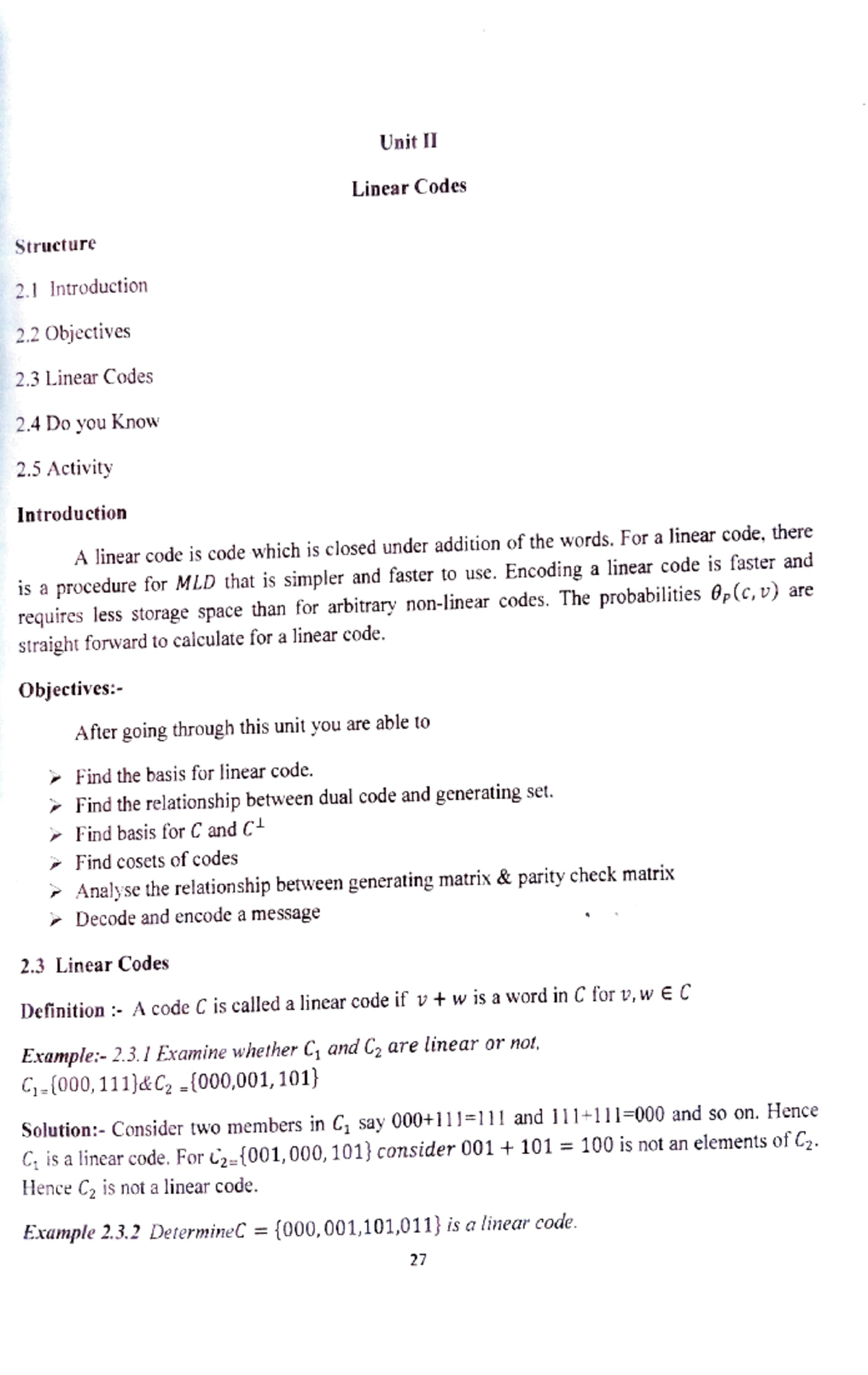 Coding theory 3 - Summary - Unit II Linear Codes Structure 2 ...