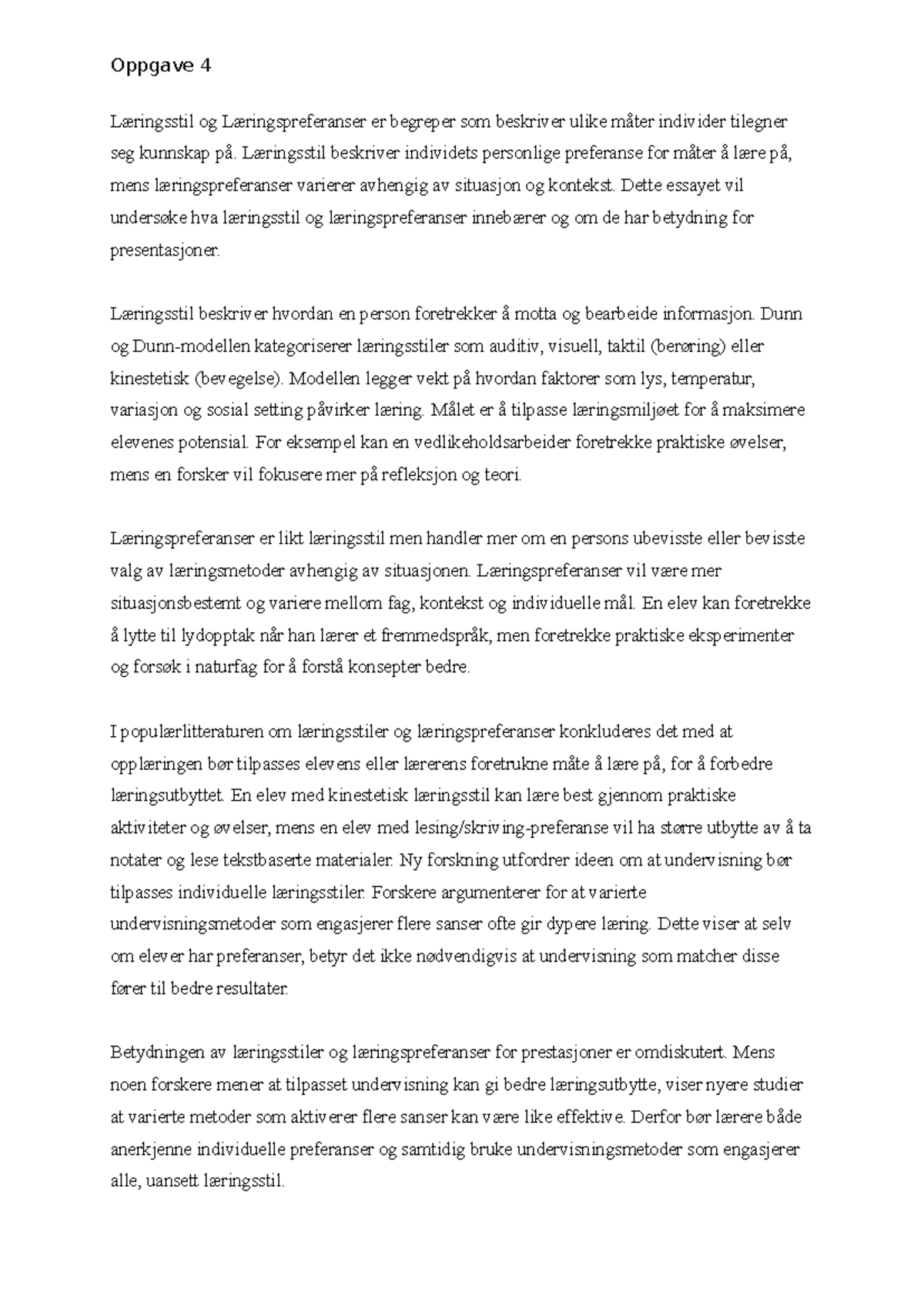 Arbeidskrav 2 ORG: Læringsstiler og Læringspreferanser i Undervisning ...
