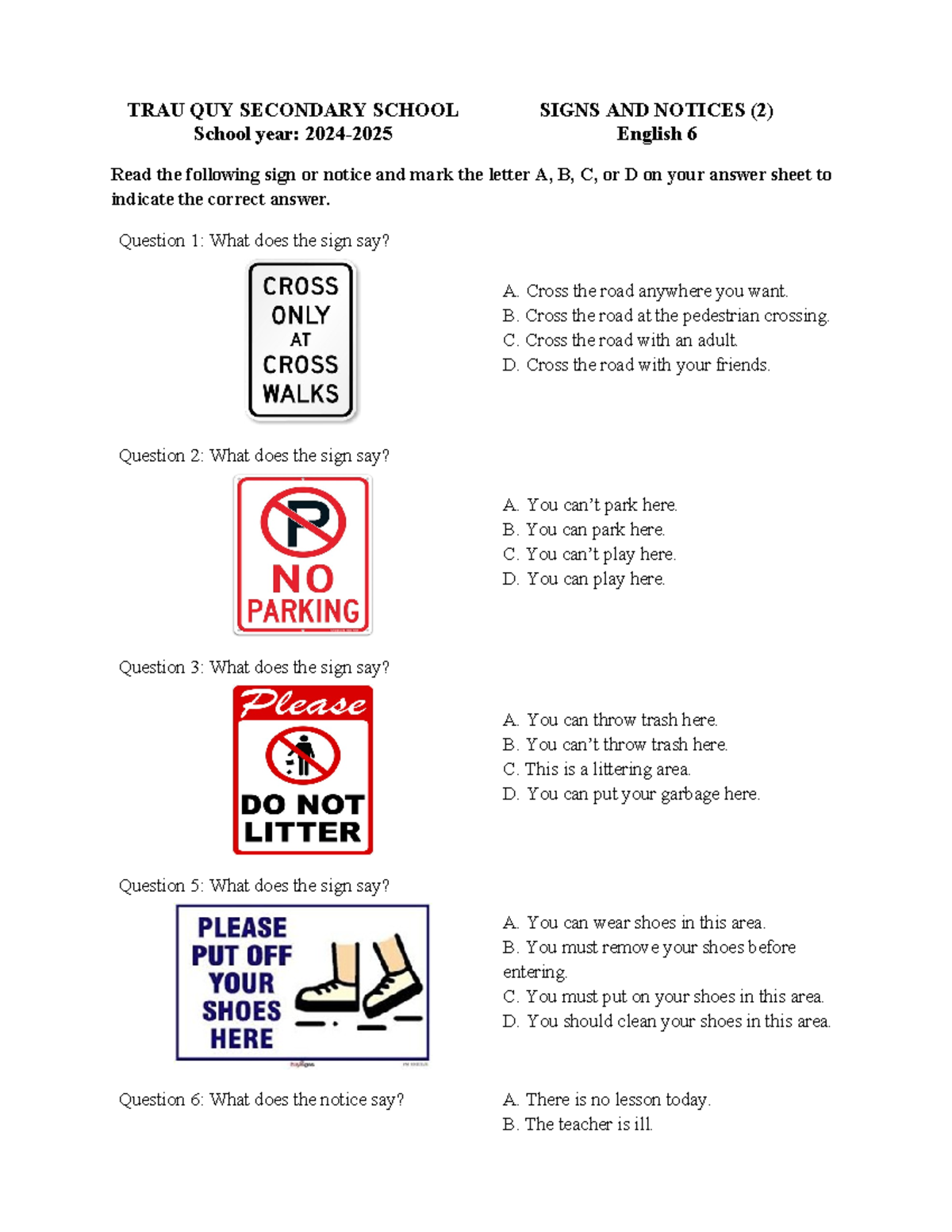 G6 English 6 Signs and Notices Practice Questions - Studocu