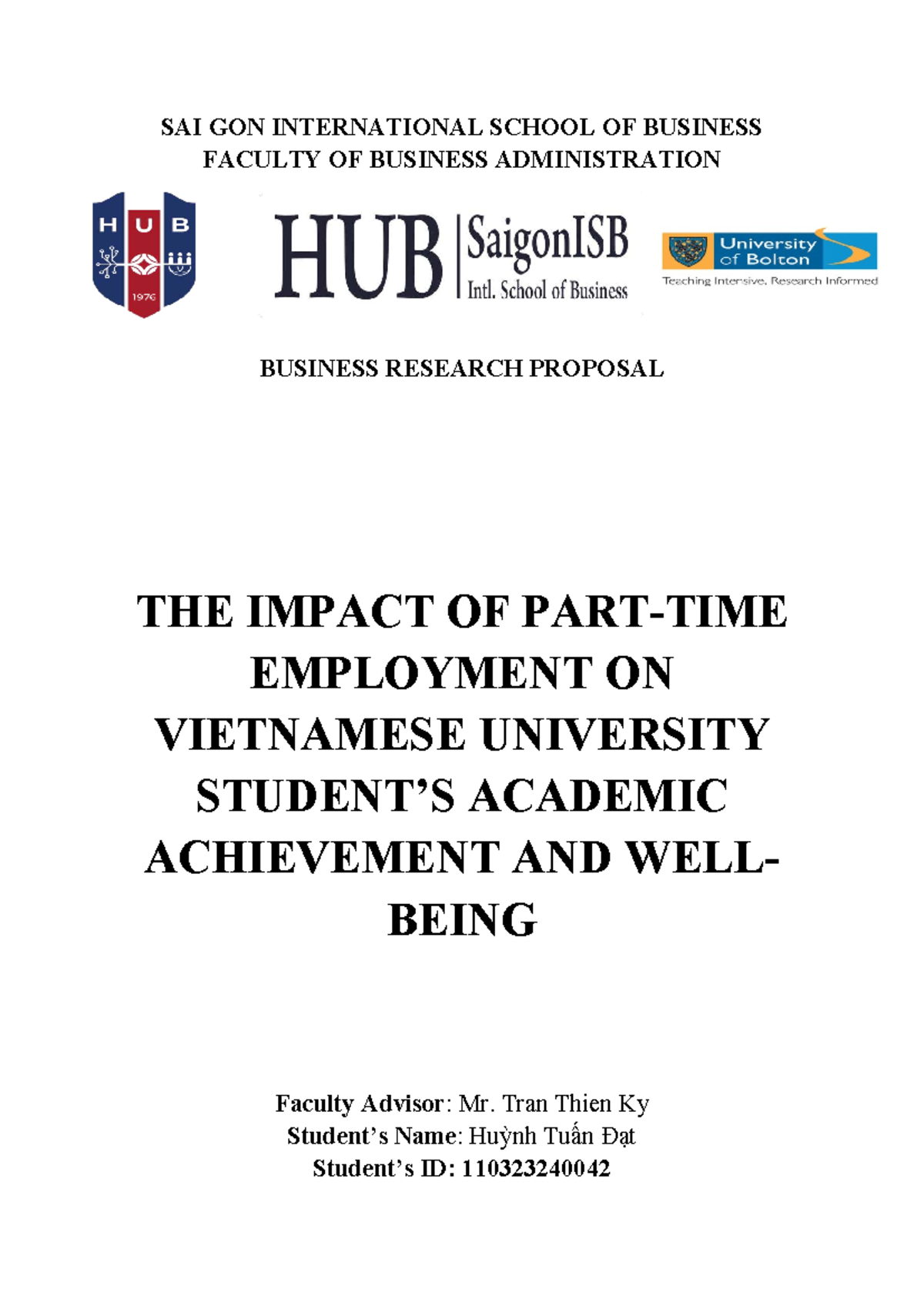 SAI GON INTERNATIONAL SCHOOL OF BUSINESS: BUSINESS RESEARCH PROPOSAL ON ...