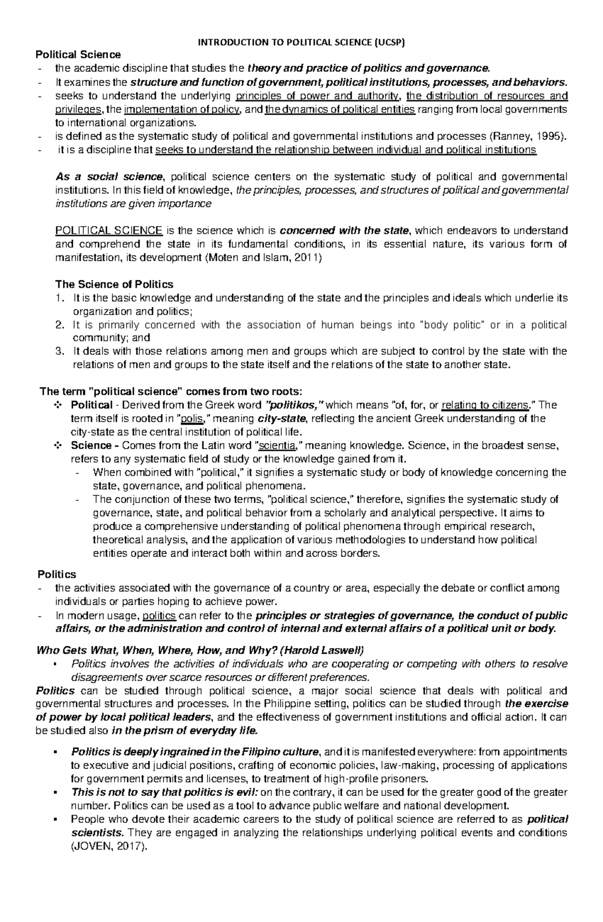 INTRODUCTION TO POLITICAL SCIENCE (UCSP) - Key Concepts and Theories ...