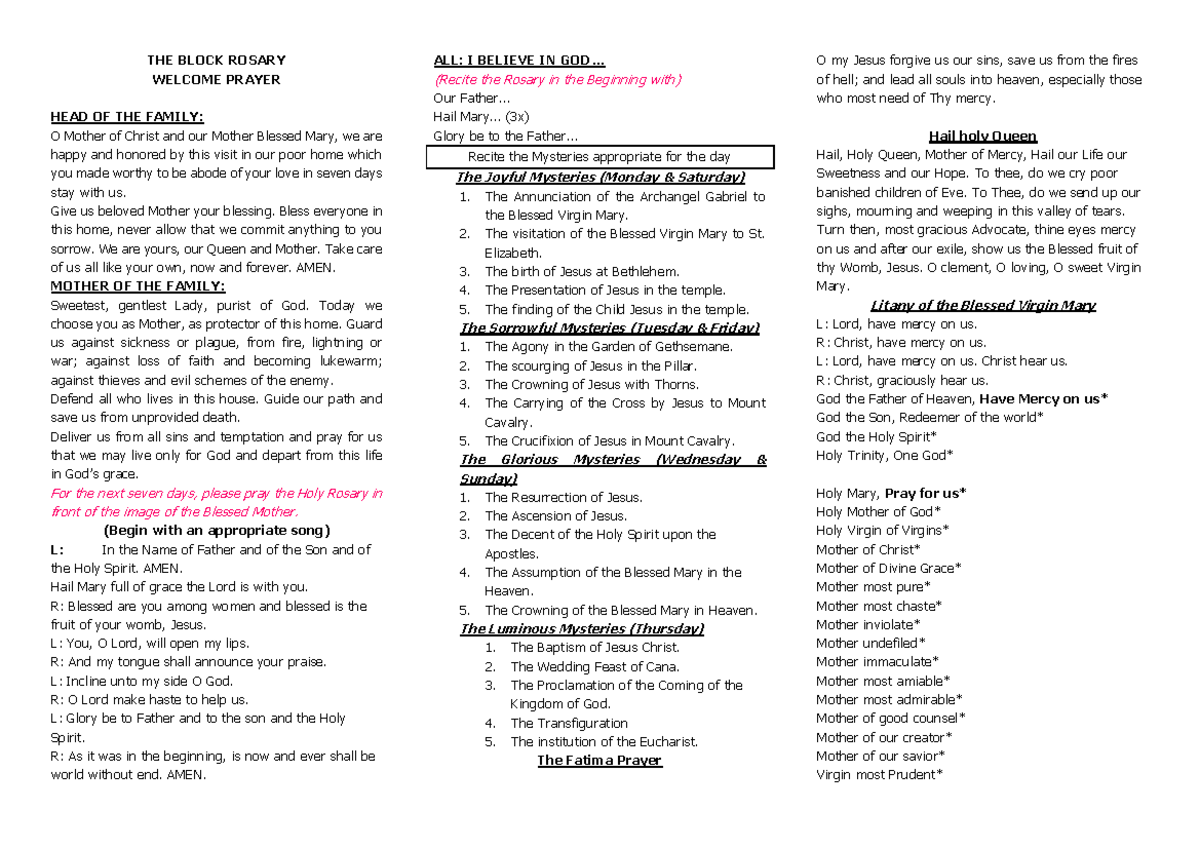 The Block Rosary Welcome Prayer: A Guide for Families - Studocu