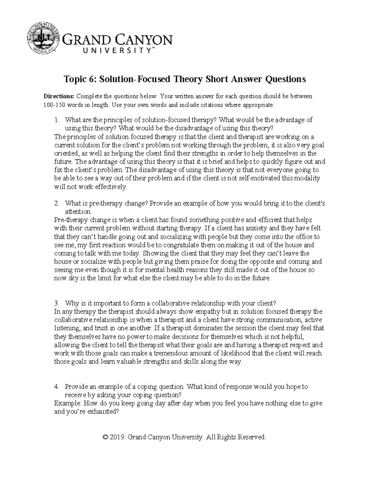 PCN 365 RS T6 Solution Focused Therapy Short Answer Questions - Studocu