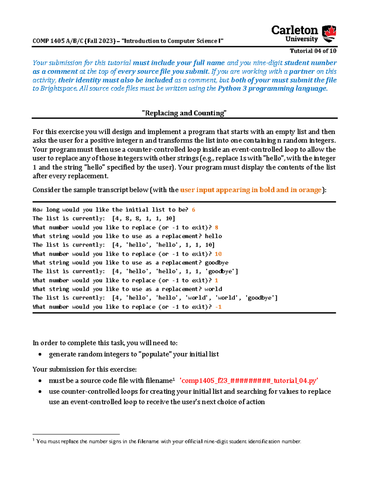 Specification for Tutorial 04 of 10 - COMP 1405 A/B/C (Fall 2023) − ...