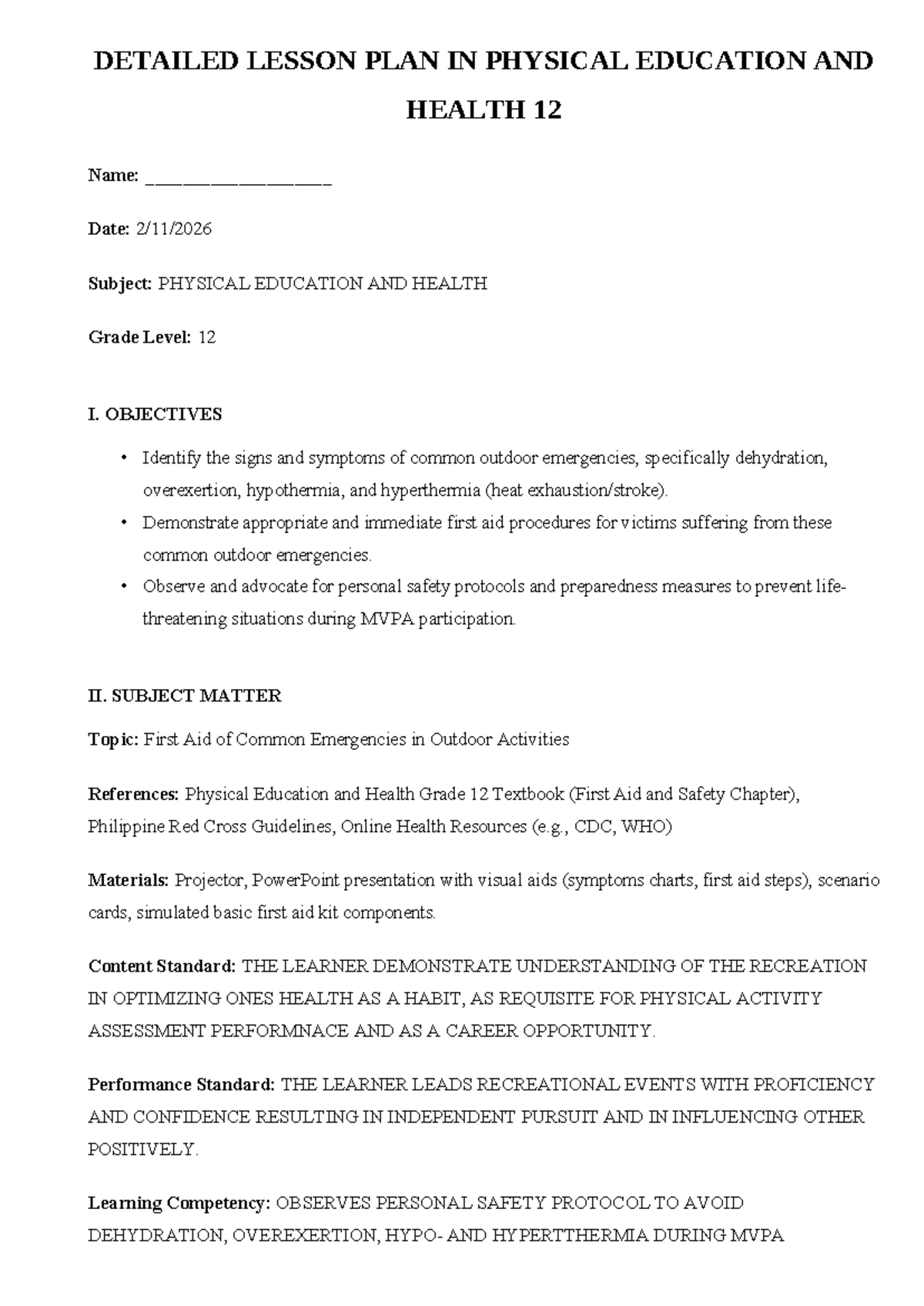 Lesson Plan: First Aid for Common Emergencies in PE & Health 12 - Studocu