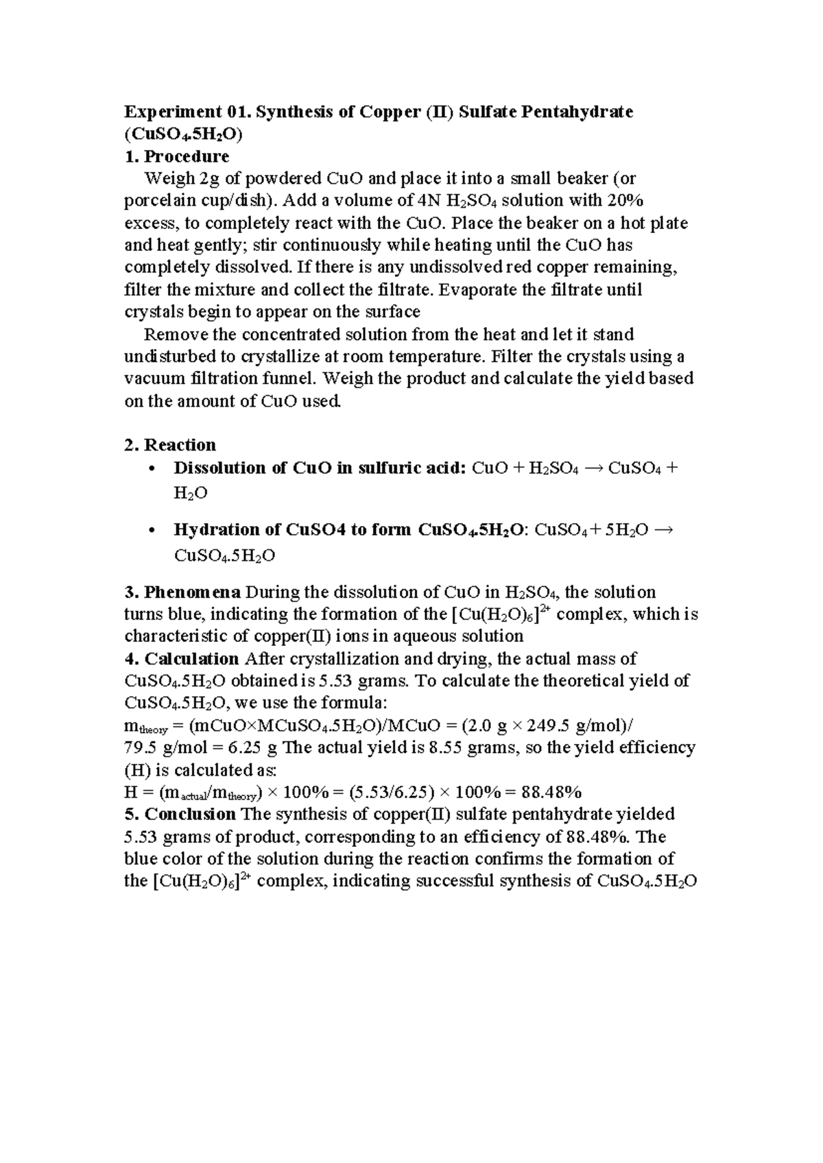 Unit 8 - Lab Report: Synthesis of CuSO4.5H2O Experiment - Studocu