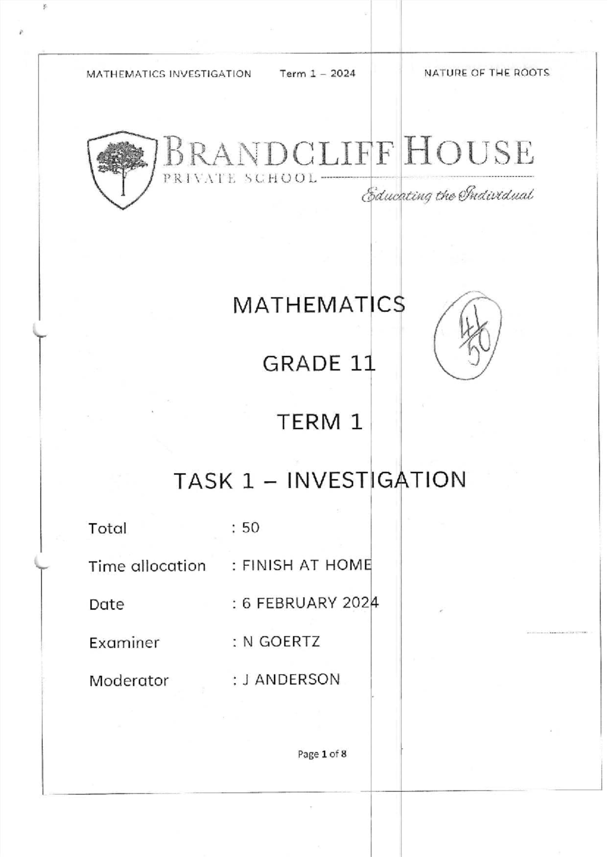 MATHEMATICS GRADE 11 TERM 1 TASK 1 INVESTIGATION: NATURE OF THE ROOTS ...