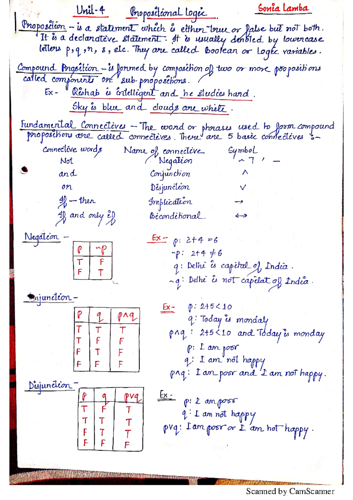Propositional Logic (UNIT 4) Comprehensive Handwritten Notes - Studocu