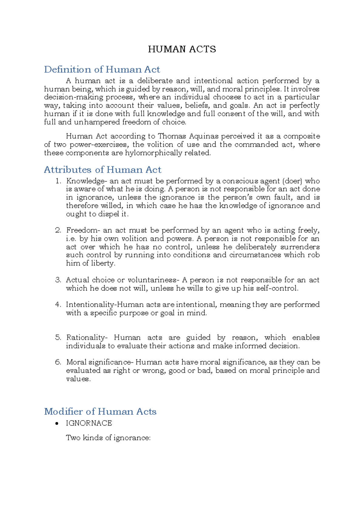 Human-ACTS 092309 - Ethics: human acts - HUMAN ACTS Definition of Human ...