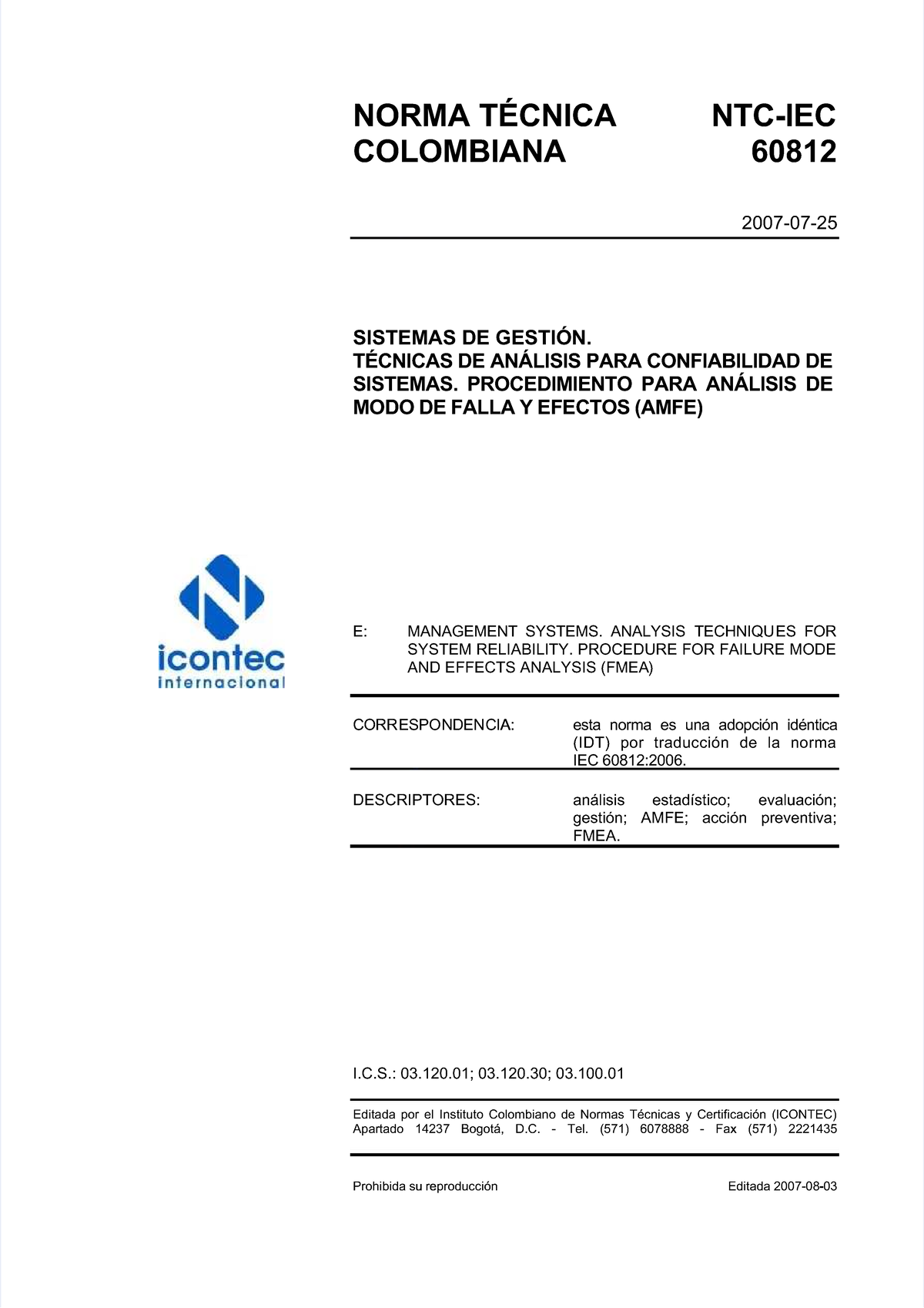 NTC-IEC 60812: Análisis de Modos de Falla y Efectos (AMFE) - Studocu