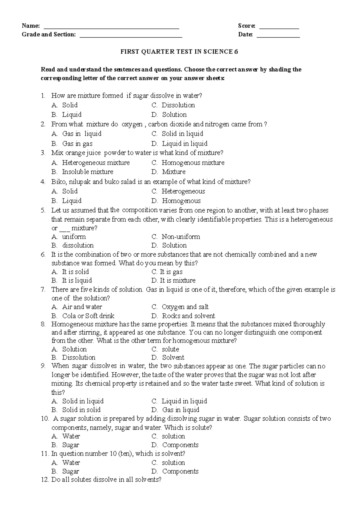PT Science 6 Q1 - First Quarter Test Review - Studocu