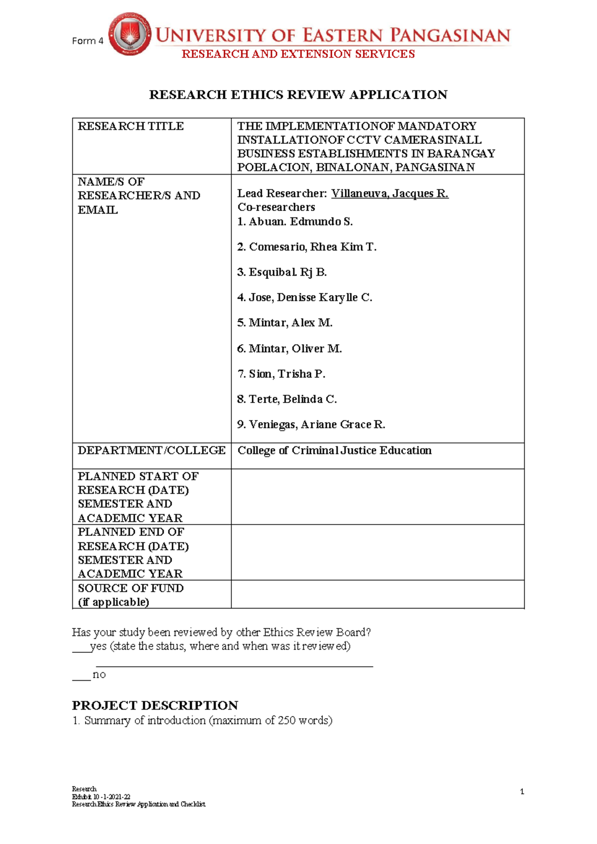 Legit Research Ethics Review Application AND Checklist - 1 RESEARCH AND ...