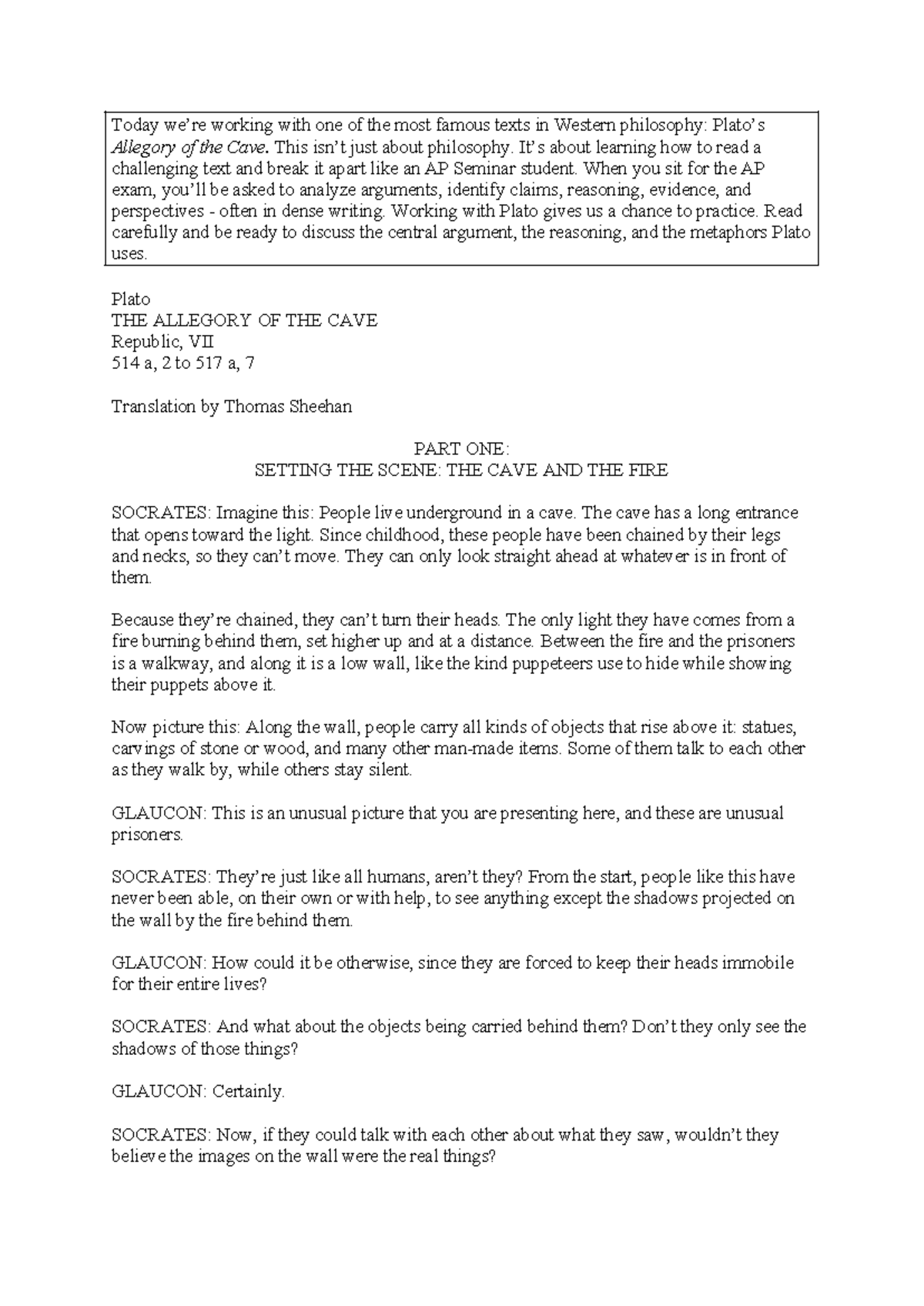 AP Seminar: Analyzing Plato's Allegory of the Cave - Studocu