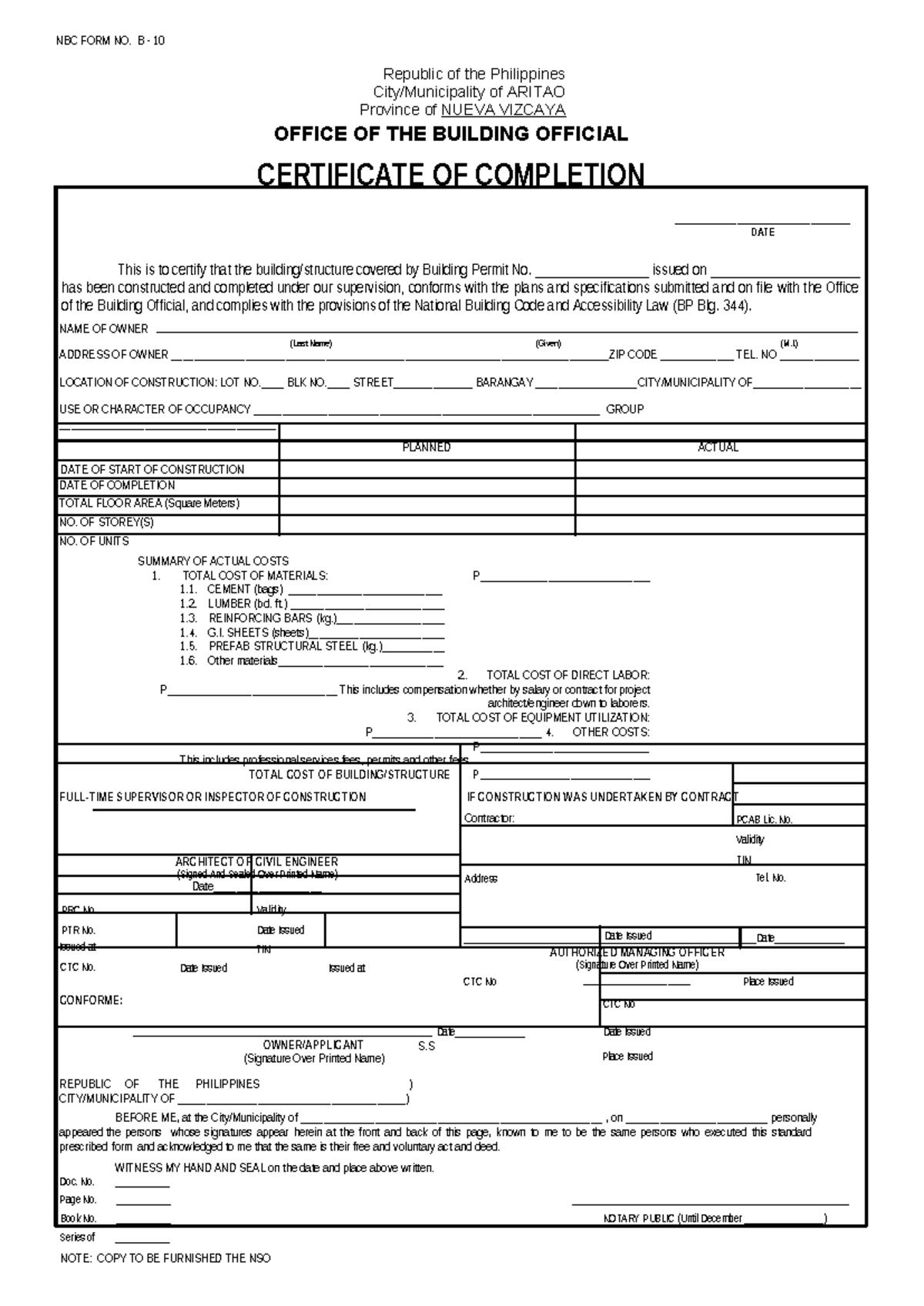 Certificate of Completion - NBC Form No. B 10 - Studocu