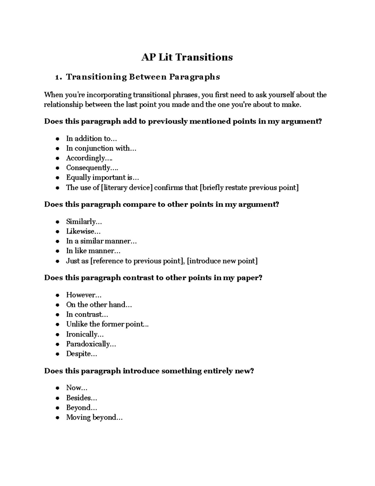 AP Lit Transition Techniques: Paragraph Connections and Flow - Studocu