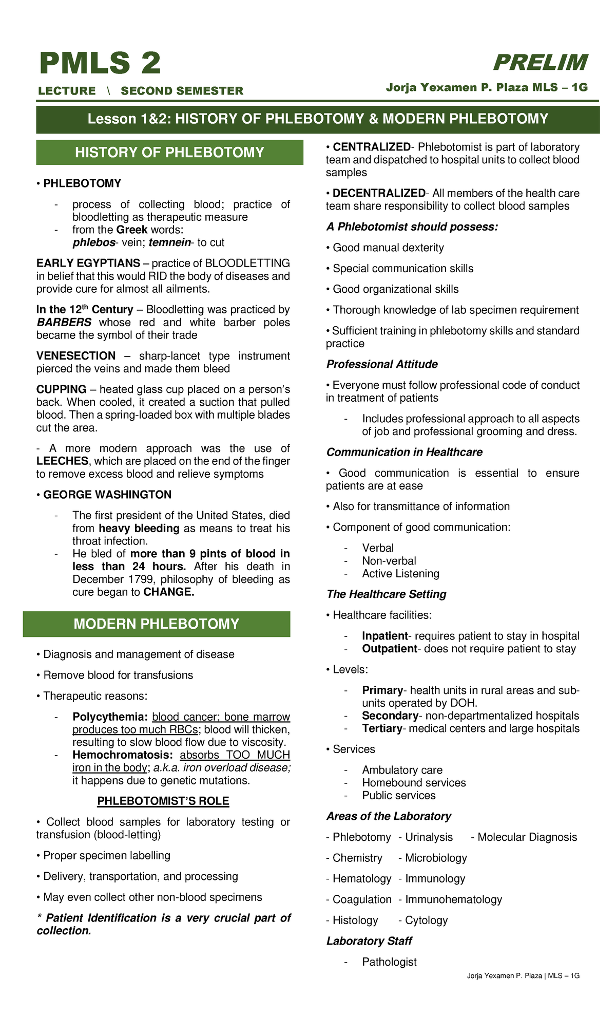 PMLS 2 LEC: History & Modern Practices of Phlebotomy (P) - Studocu