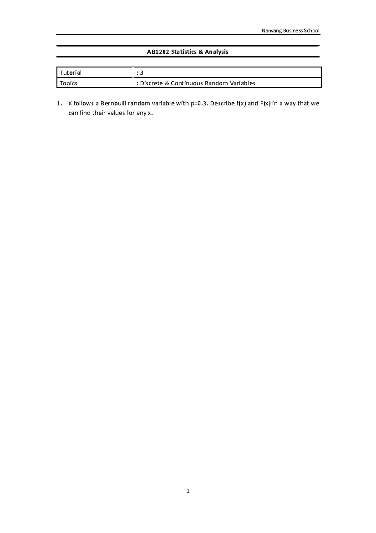 AB1202 Statistics Analysis Tutorial: Week 3 Questions on Random ...