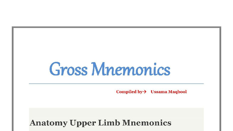 Gross Mnemonics for Anatomy: Upper Limb Insights (N61) - Studocu