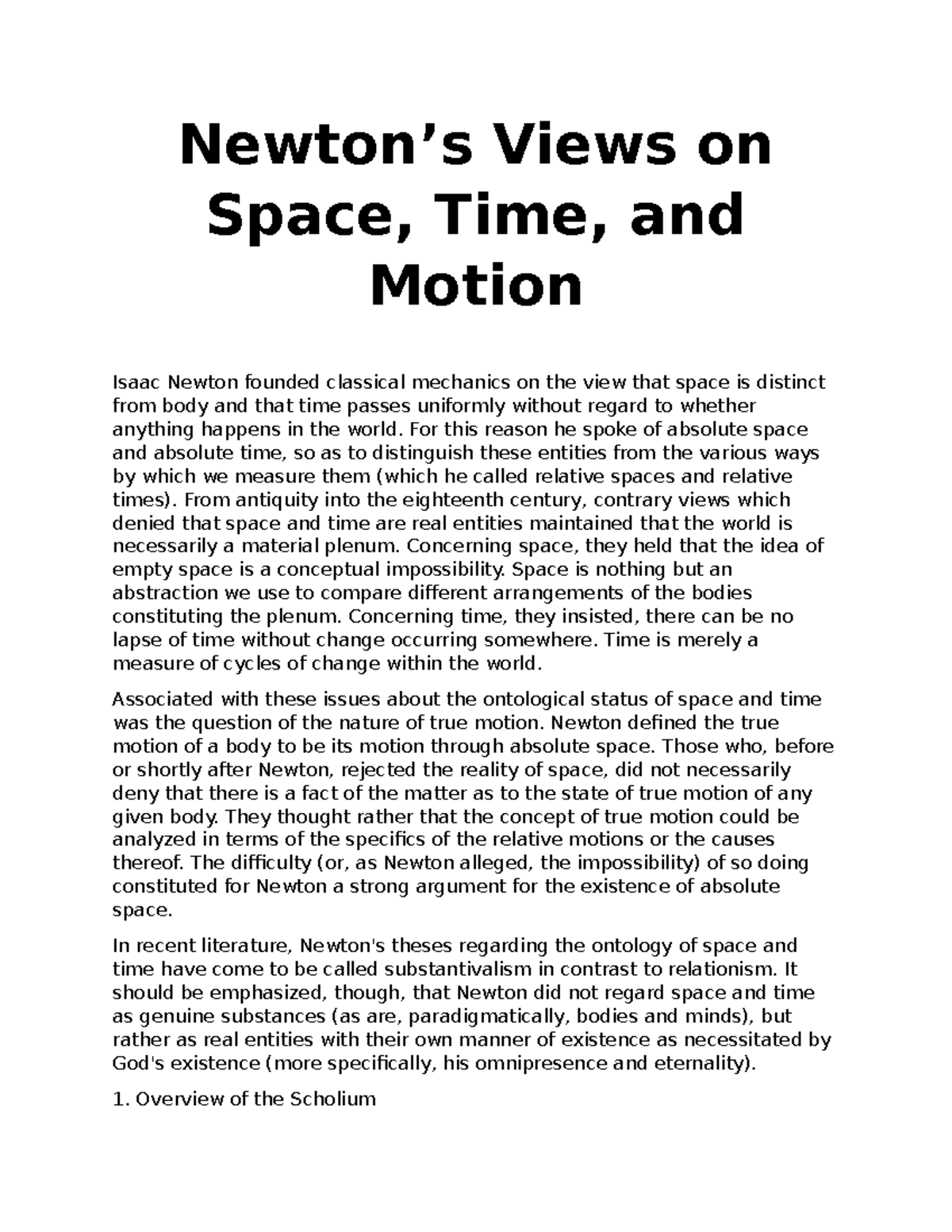 Lecture 5 Newton’s Views on Space, Time, and Motion - Philosophy ...