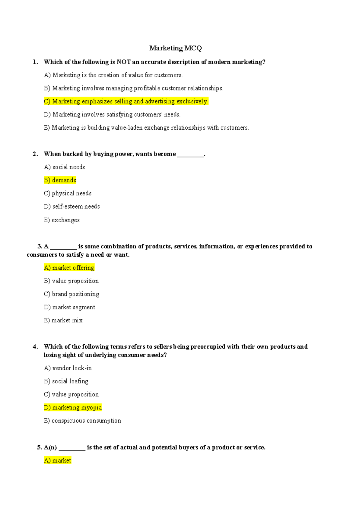 Marketing MCQs - Exercise Review for Course Code MKT101 - Studocu