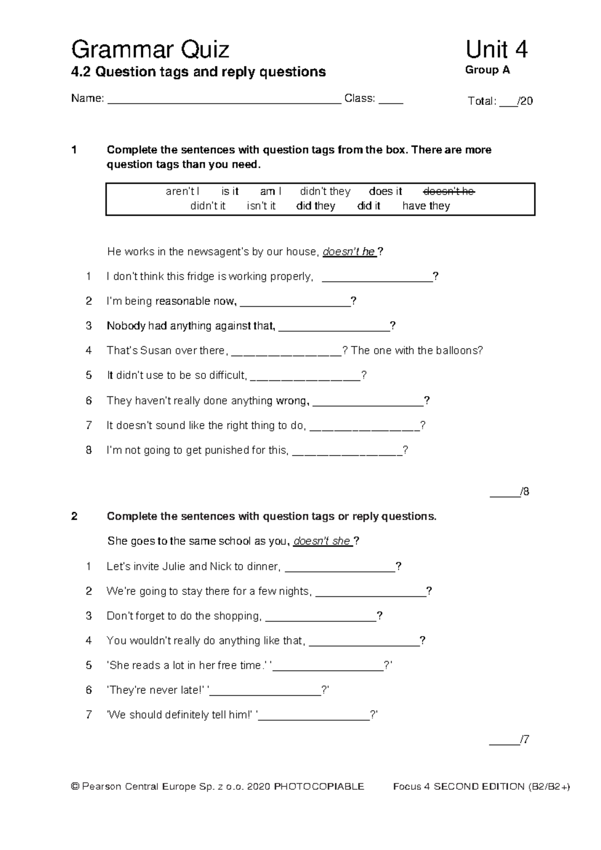 Focus 4 2E Grammar Quiz Unit 4 Group A Question Tags - Studocu