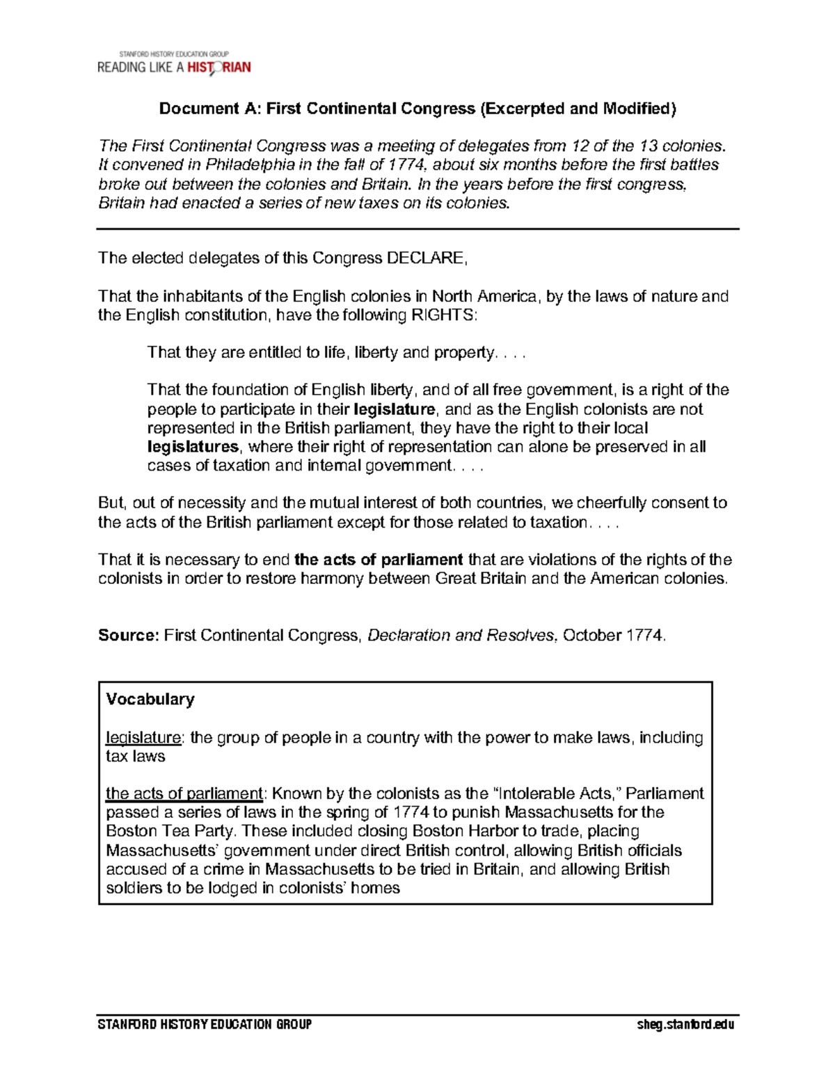 American Revolution SHEG submission - Document A: First Continental ...