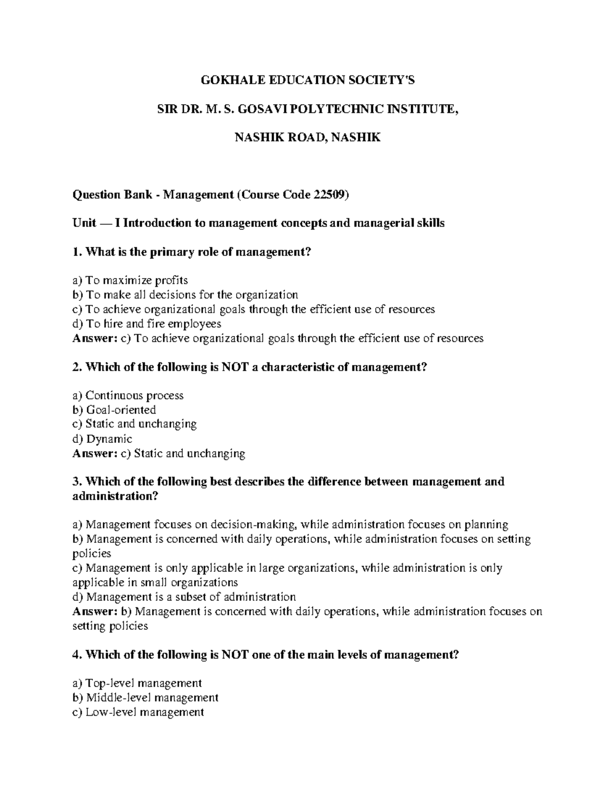 Management Question Bank (Course Code 22509) - MCQs on Concepts ...