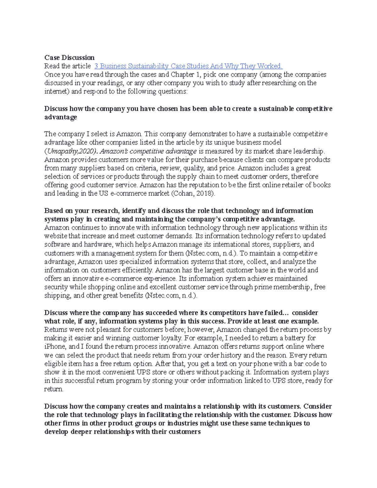 BUS 5114 Case Study on Amazon: Sustainable Competitive Advantage ...