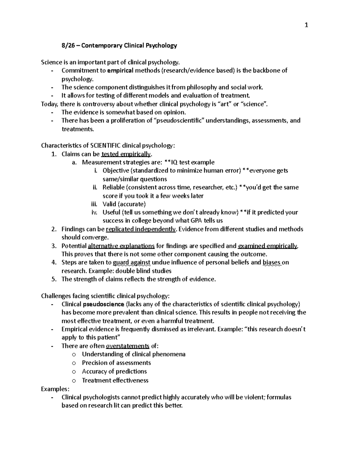 PSY2301 Unit 1 Lecture Notes: Science in Clinical Psychology - Studocu
