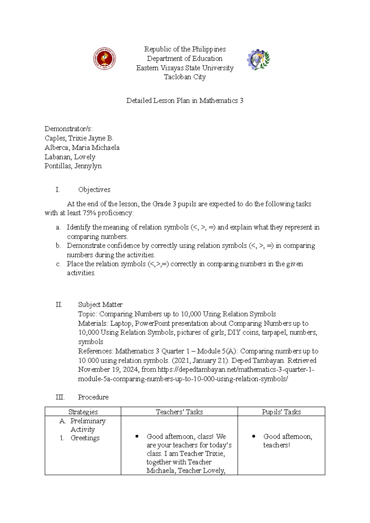 Mathematics 3 Detailed Lesson Plan: Comparing Numbers up to 10,000 ...