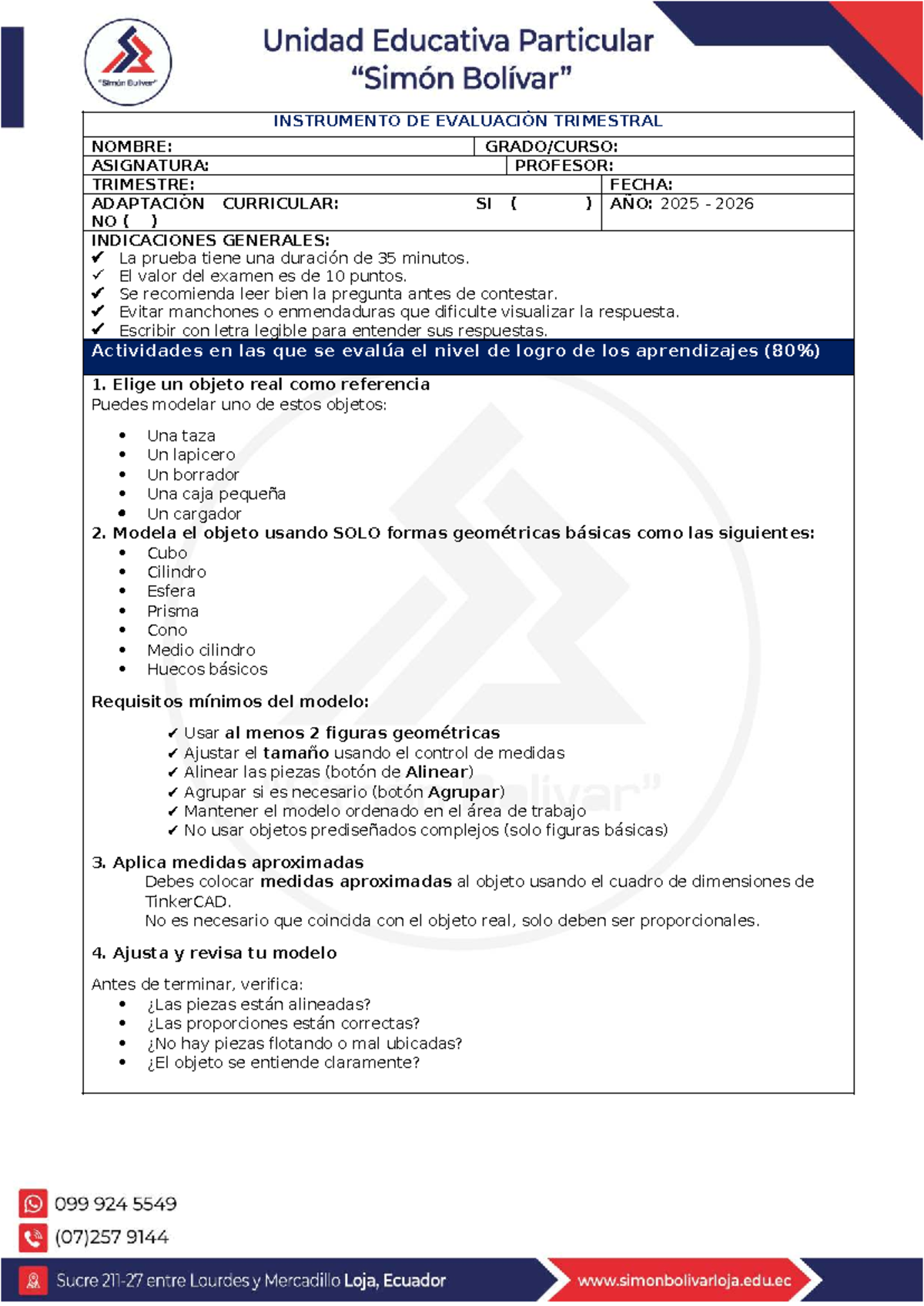 Prueba Trimestral Tinkercad 2025-2026: Evaluación de Modelado - Studocu