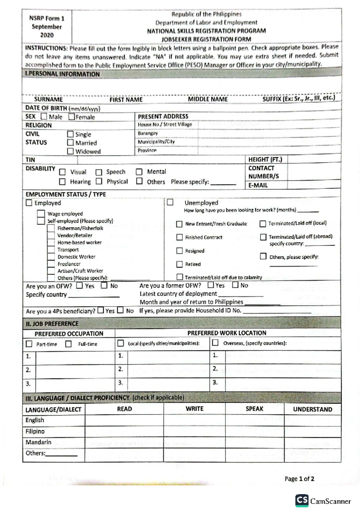 Philippines NSRP Form 1: Jobseeker Registration Instructions - Studocu