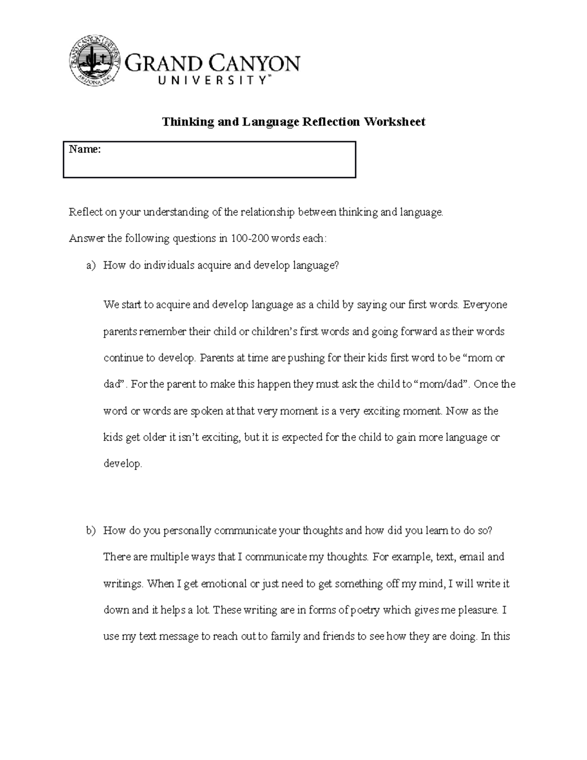PHI105.T5 Reflection on Thinking and Language Worksheet Analysis - Studocu