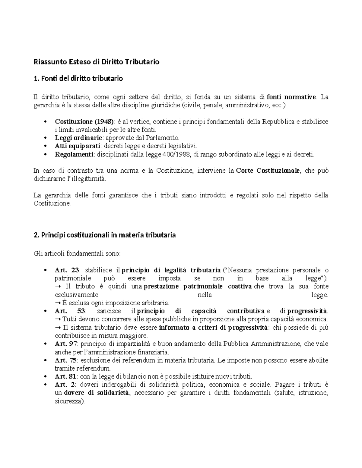 Riassunto Esteso Diritto Tributario 1: Fonti e Principi Fondamentali ...
