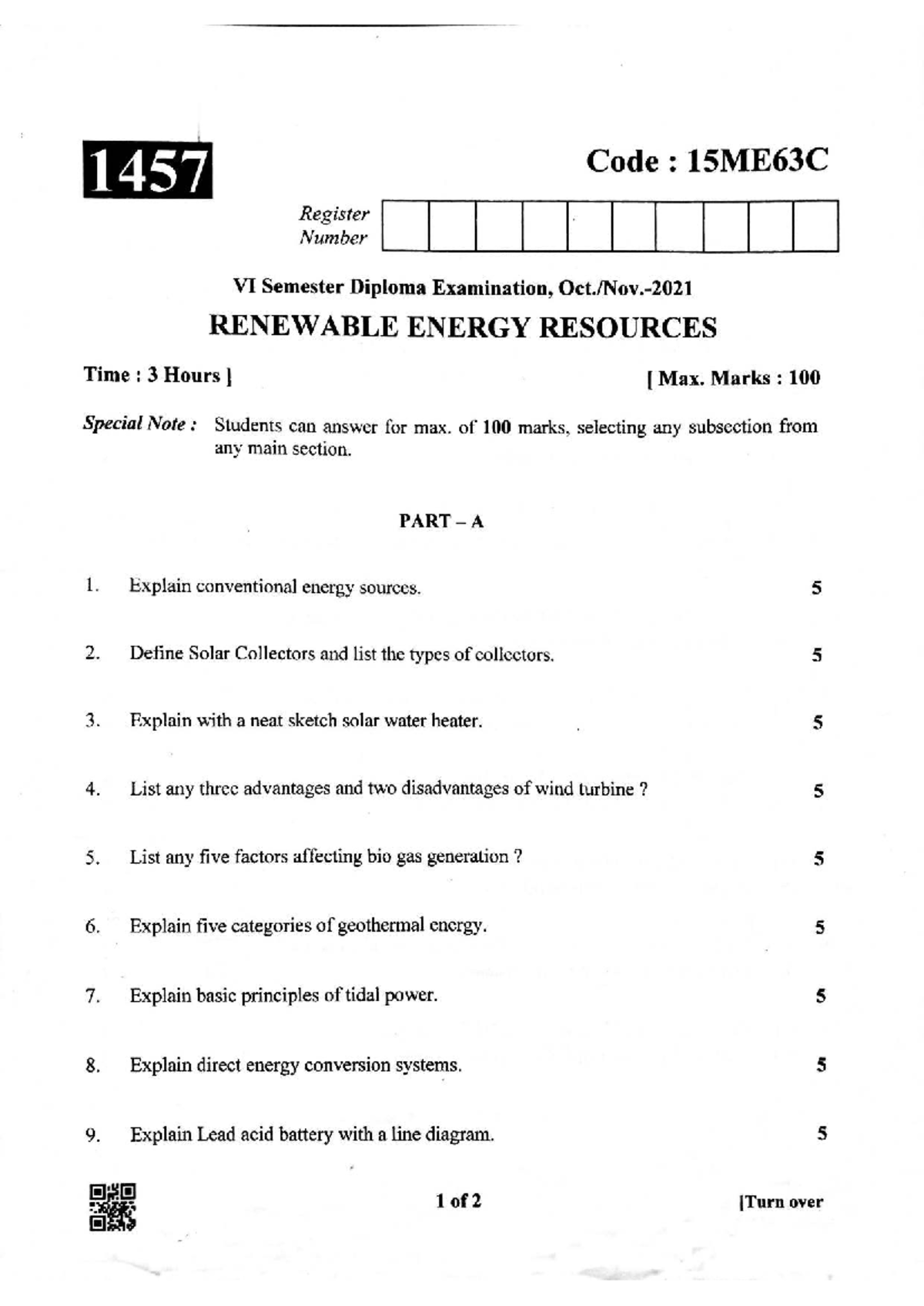 15ME63C VI Sem Diploma Exam: Renewable Energy Resources QP - Studocu