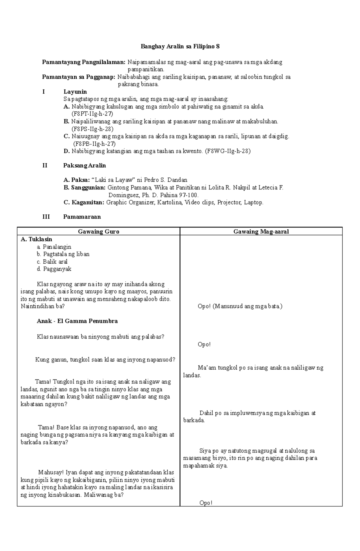 Pang Demo LP - Lesson plan for demonstration teaching - Banghay Aralin ...