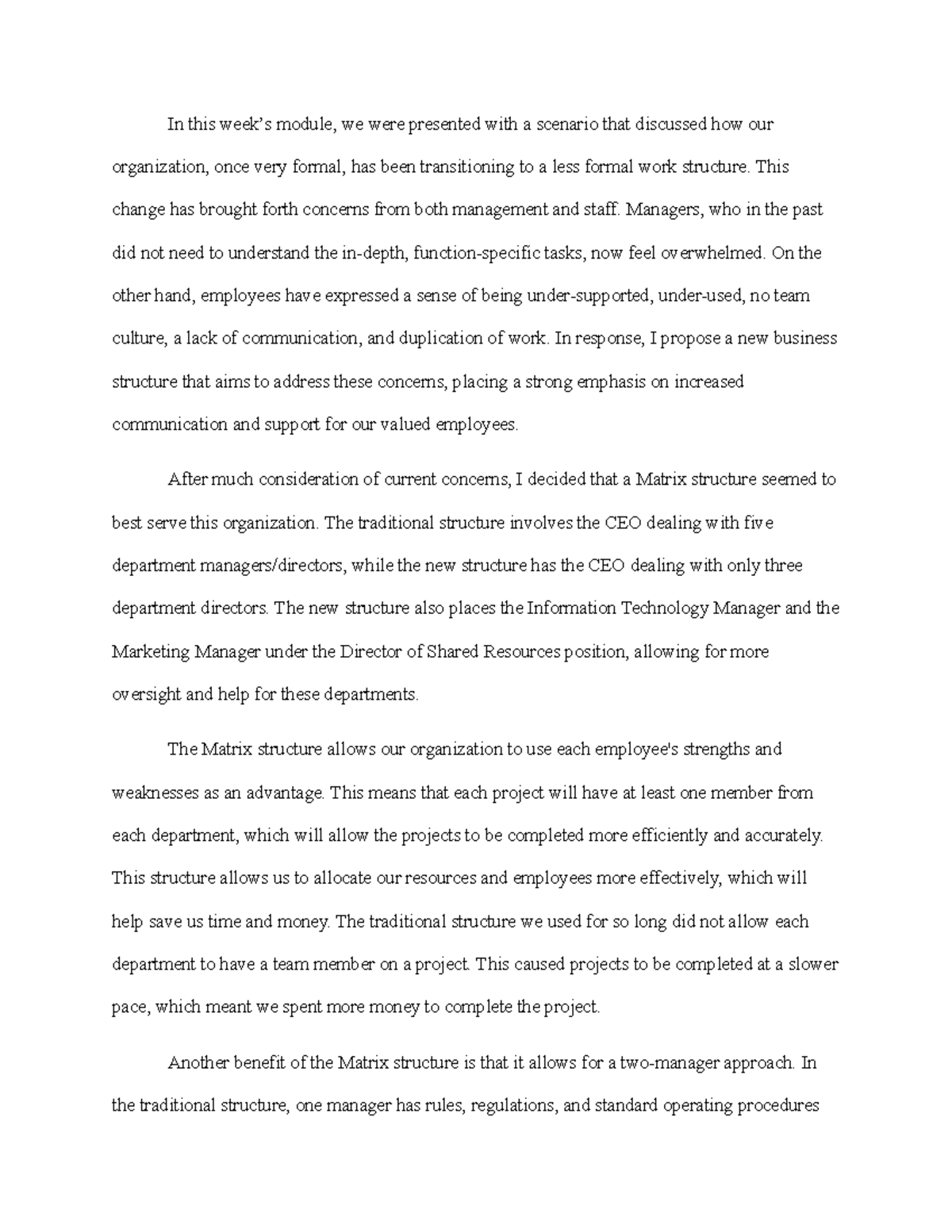 Bus 210 Module 6: Proposed Matrix Structure for Enhanced Efficiency ...