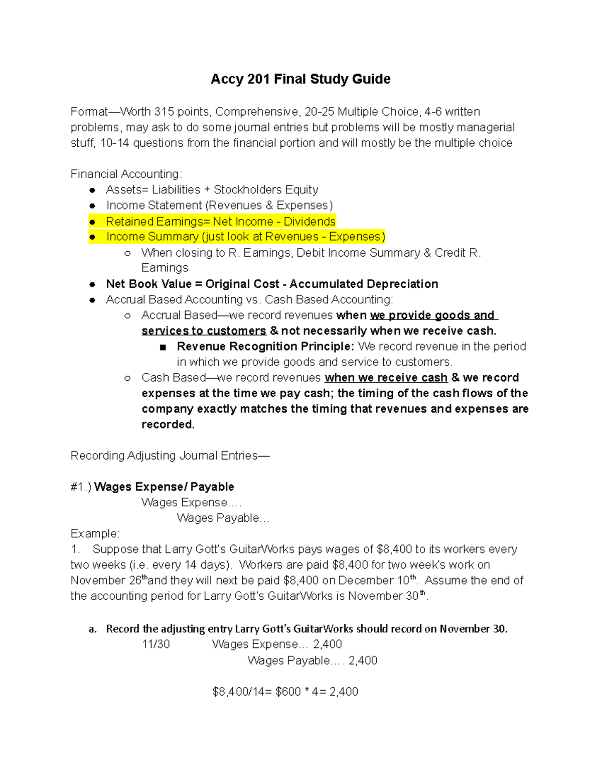 Accy 201 Final Exam Comprehensive Study Guide for Accounting Concepts ...
