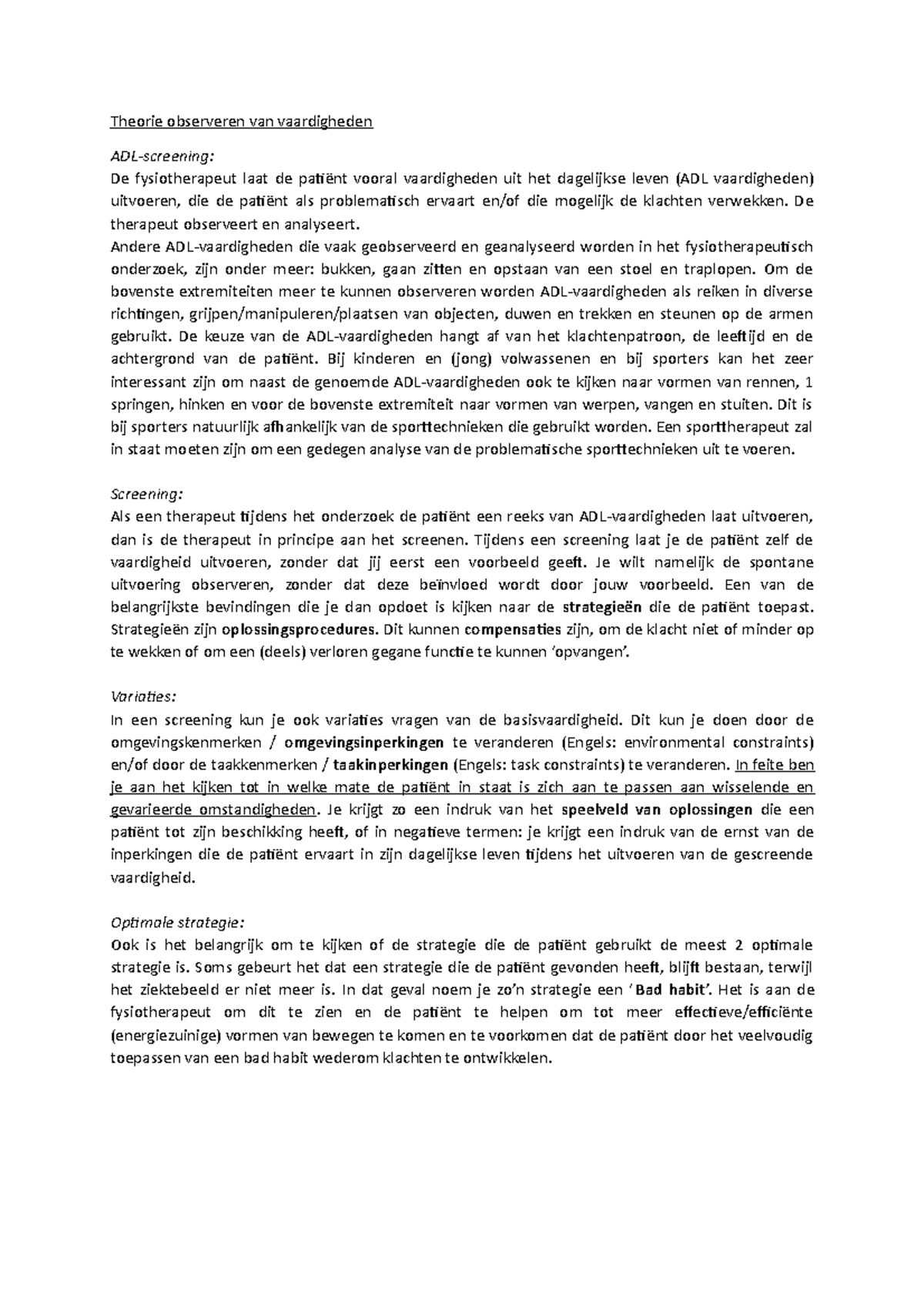 ADL Screening en Observatievaardigheden - Diagnostiek P2 - Studeersnel