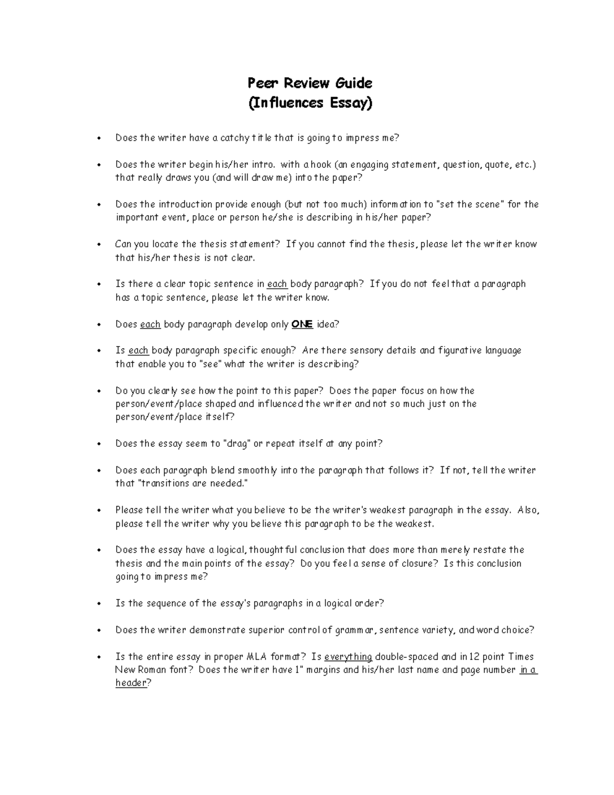 Peer Review Guide for Influences Essay (ENG 101) - Studocu