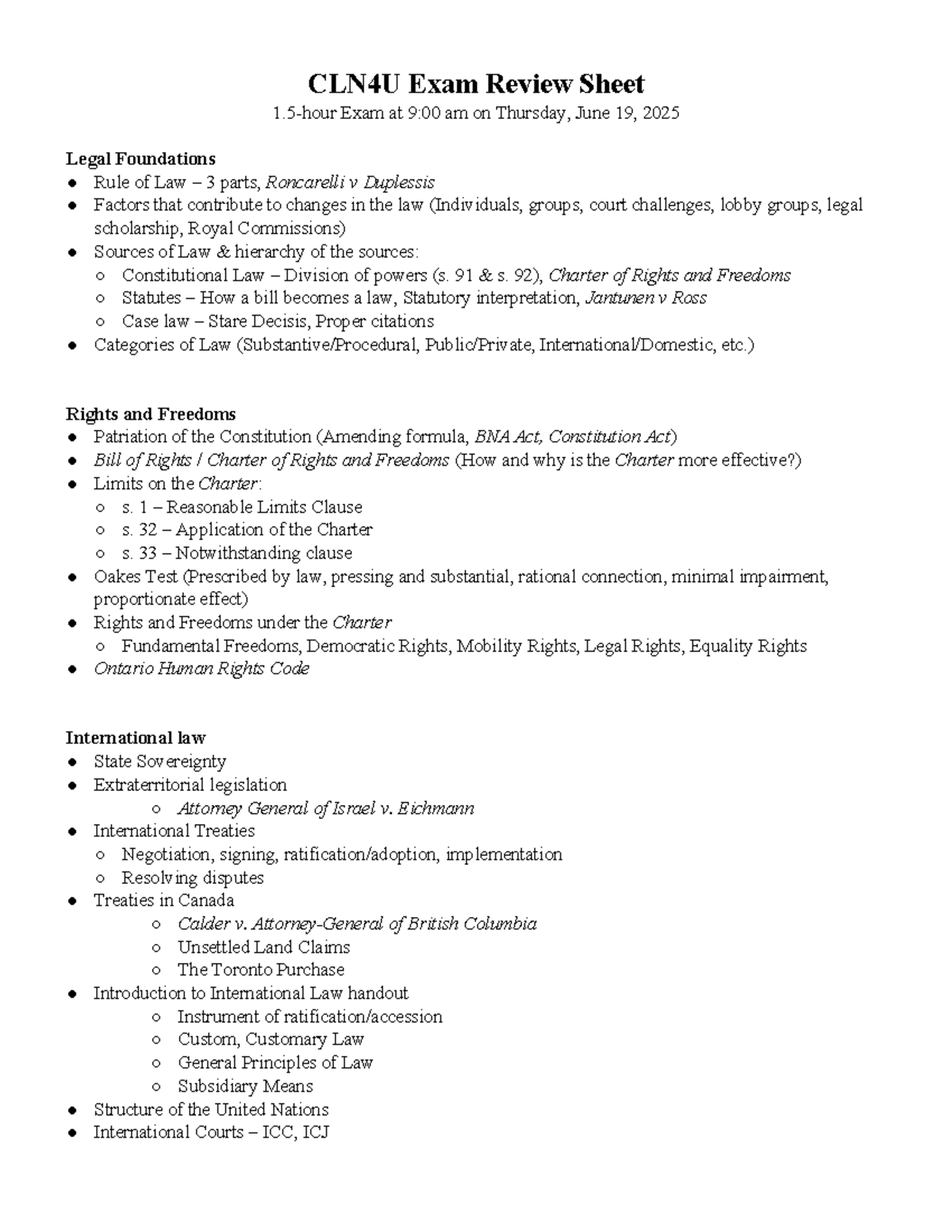 CLN4U Final Exam Review Sheet - Legal Foundations & Rights - Studocu