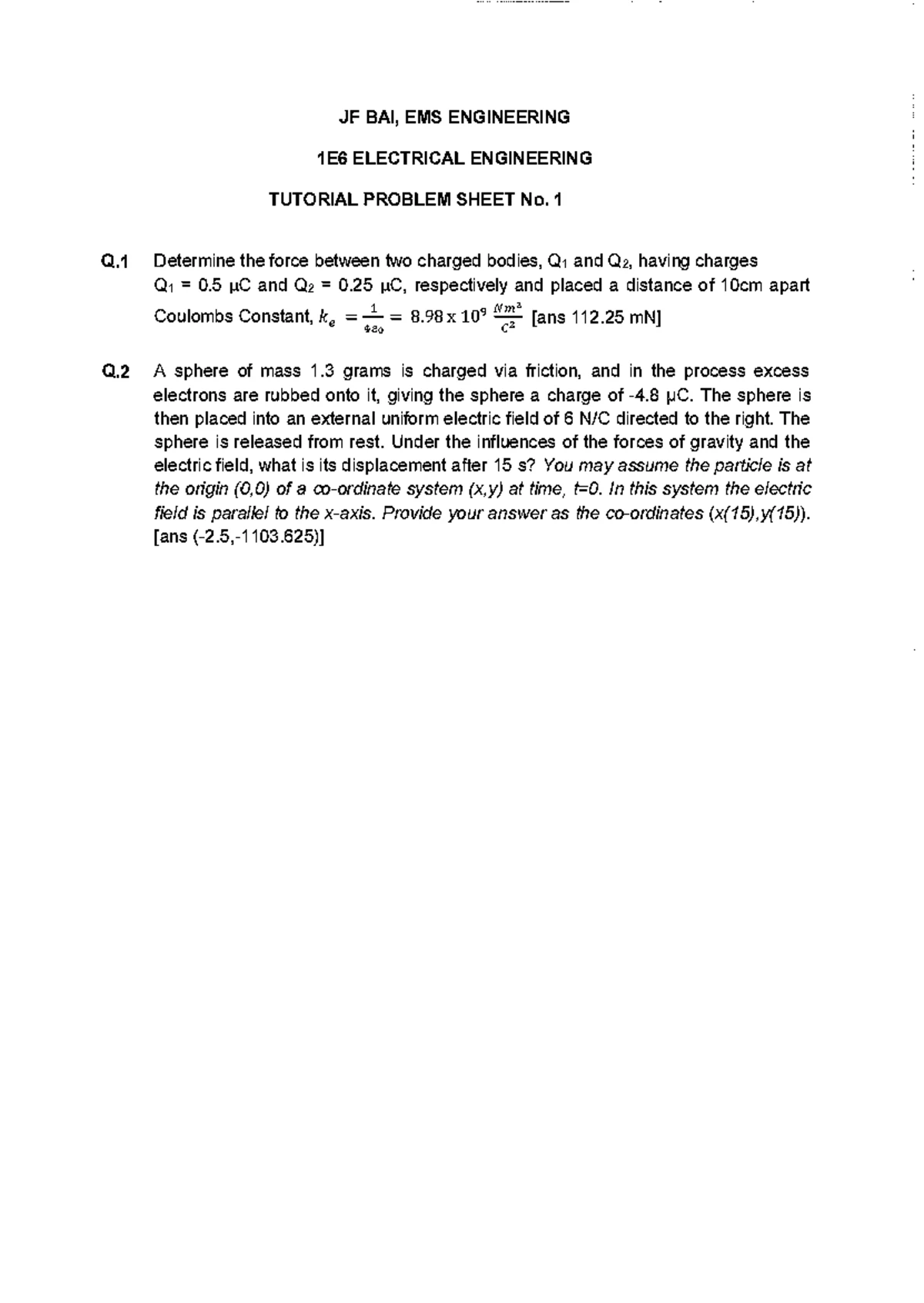 1E6 EMS Engineering Tutorial Problem Sheet No. 1 - Studocu
